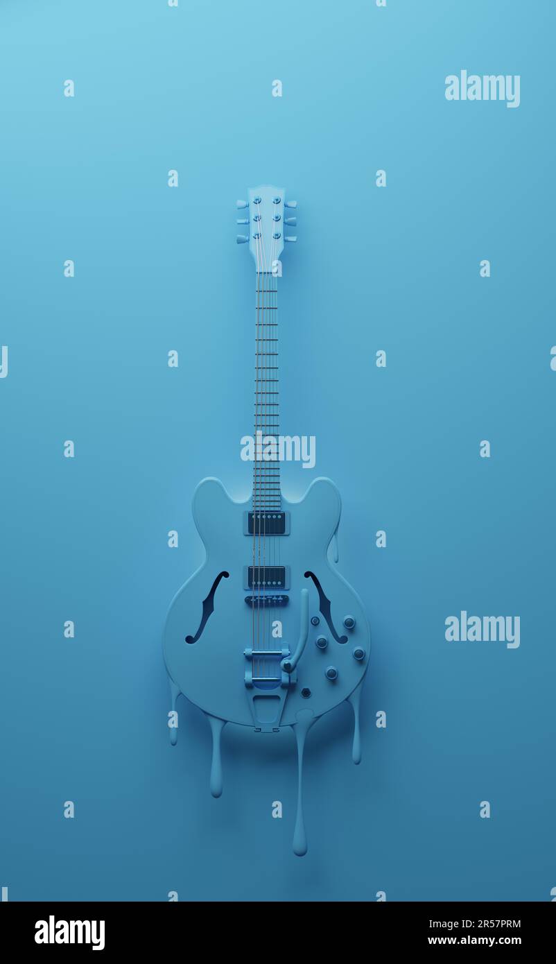 Melted old blue jazz guitar on a blue background, music concept, 3d ...