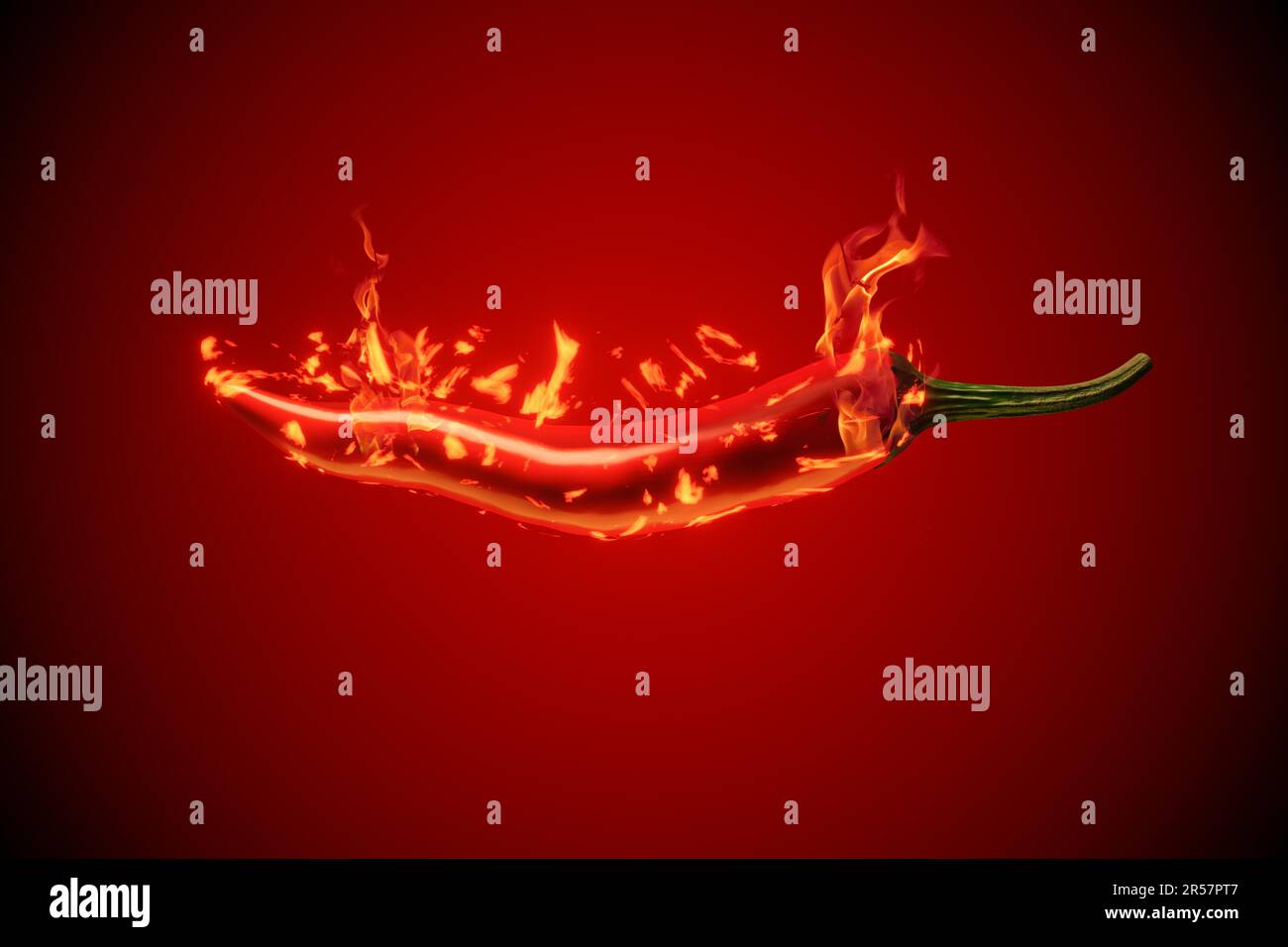 Red chili pepper with fire against a red gradient background, 3d ...
