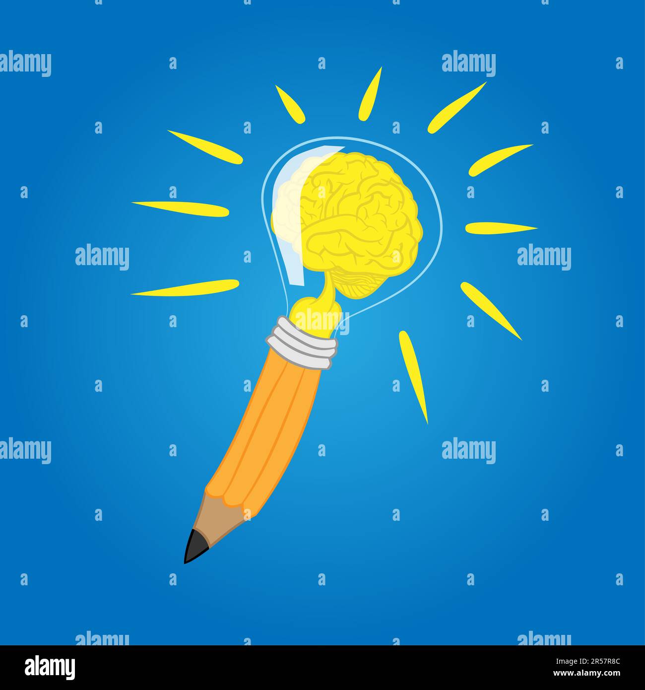 Cartoon pencil with a lightbulb and a brain on a blue gradient ...