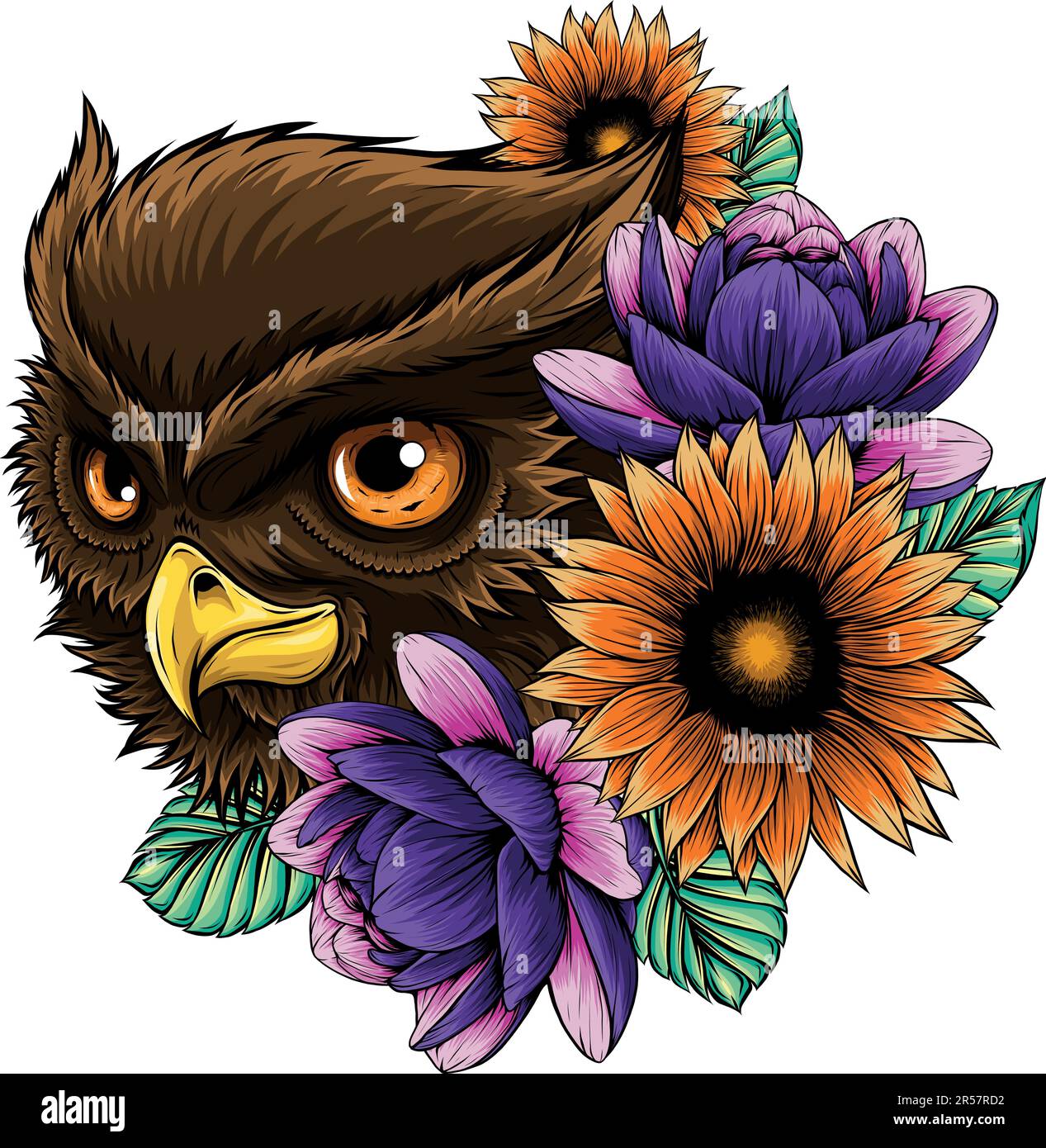 Owl head with flower and leaves on white background. vector ...