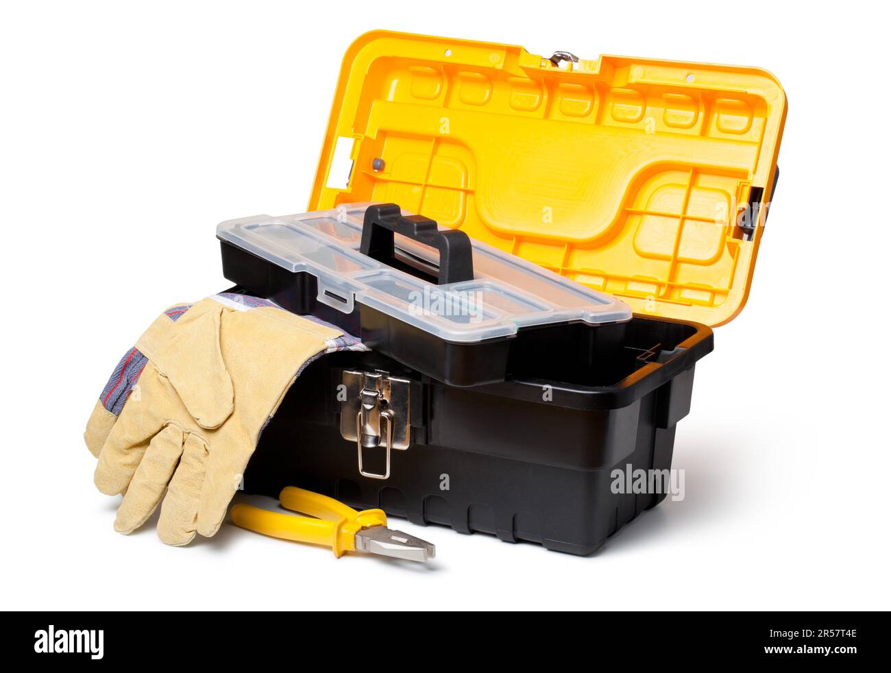 Hard Hat, Leather Gloves and toolbox isolated on white Stock Photo - Alamy