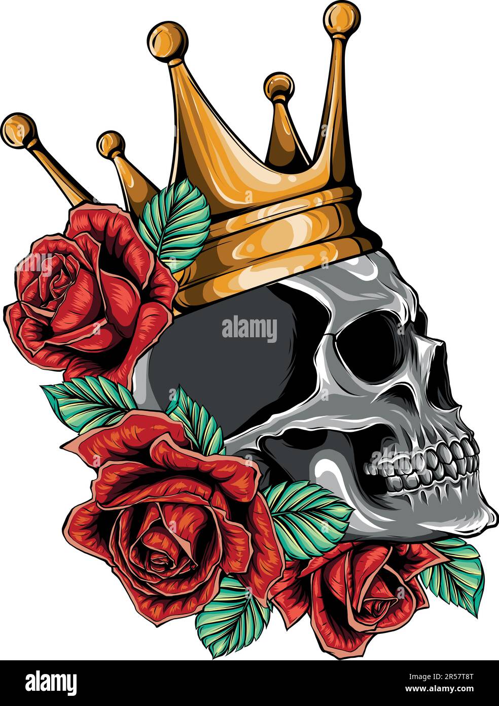 vector illustration of skulls crown and red roses on white background ...