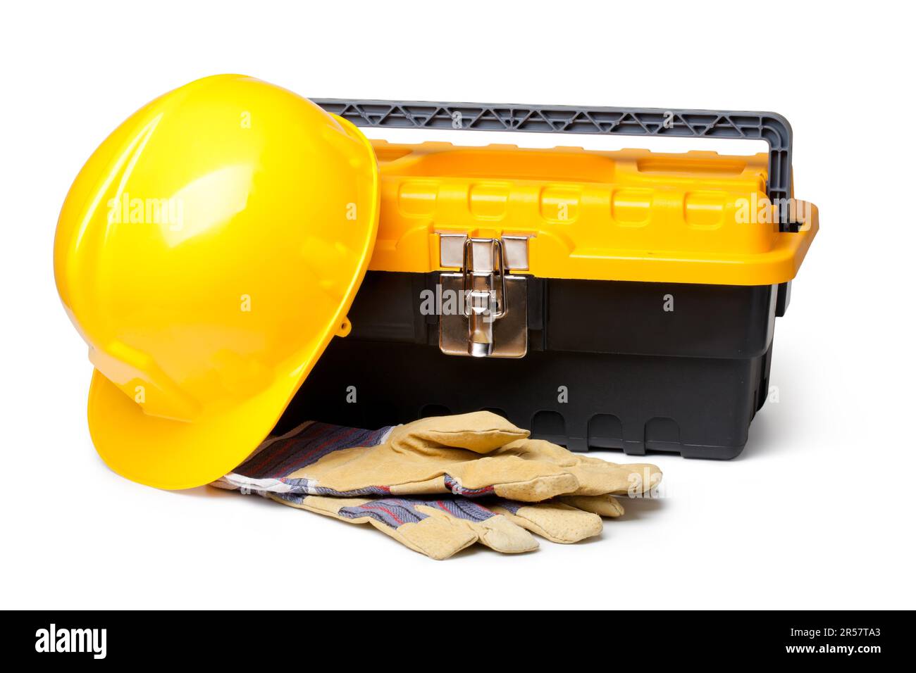 Hard Hat, Leather Gloves and toolbox isolated on white Stock Photo - Alamy