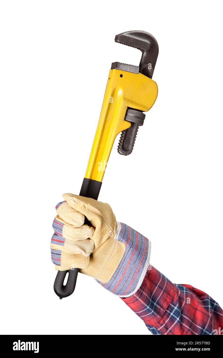 Pipe Wrench in hand over white background Stock Photo - Alamy