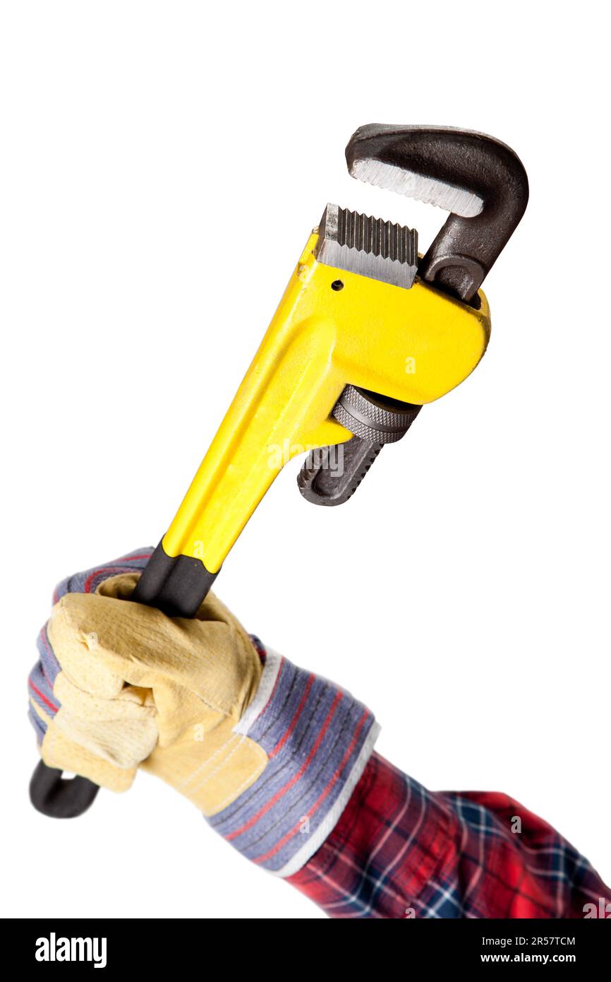Pipe Wrench in hand over white background Stock Photo - Alamy
