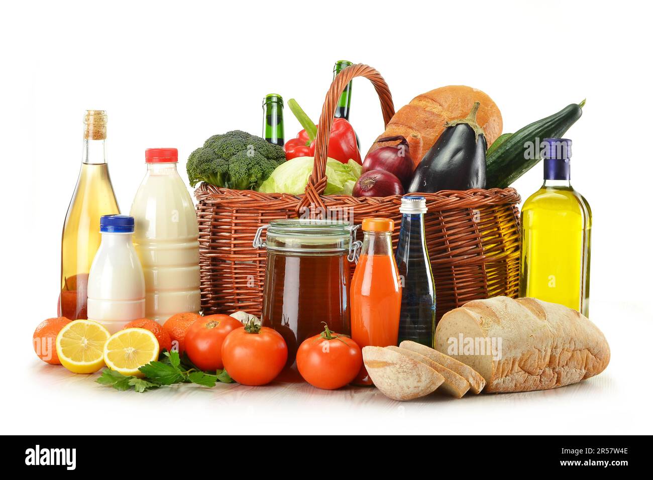 Composition with raw food including vegetables, fruits, bread and wine ...