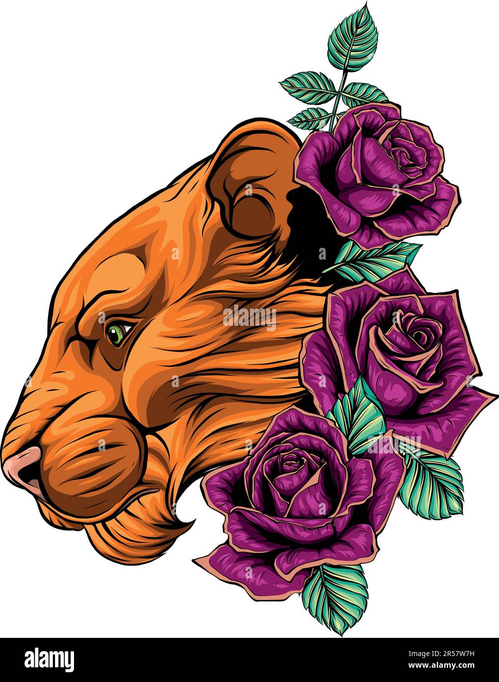 vector illustration of female lion head with roses Stock Vector Image ...