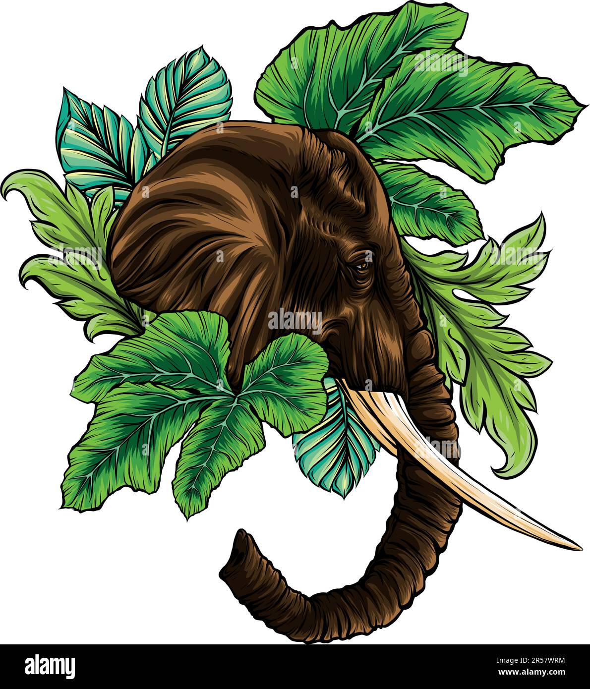 vector illustration of African elephant head with leaves Stock Vector ...