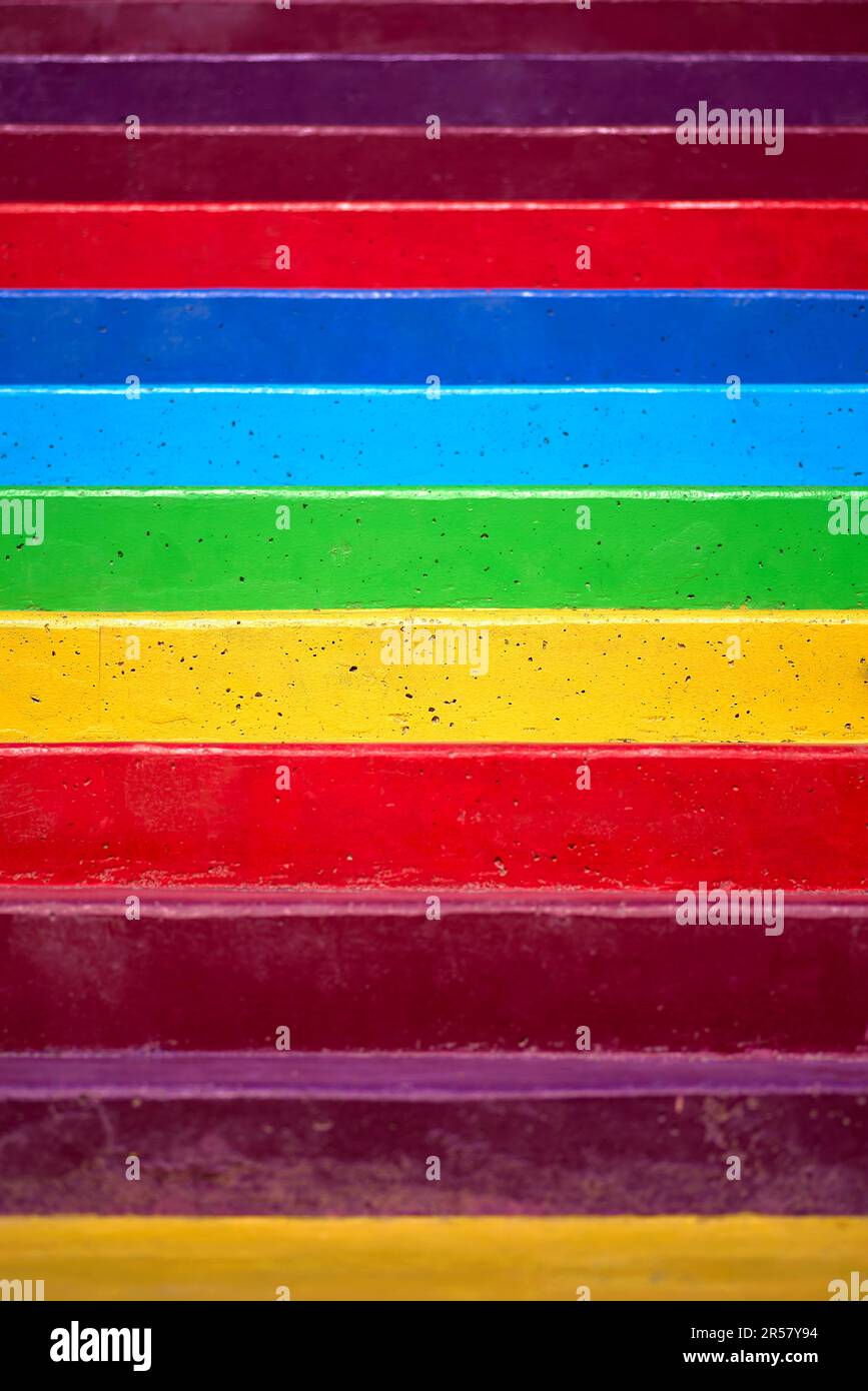 Close up, ladder in bright colors of the rainbow. Pride and flag of ...