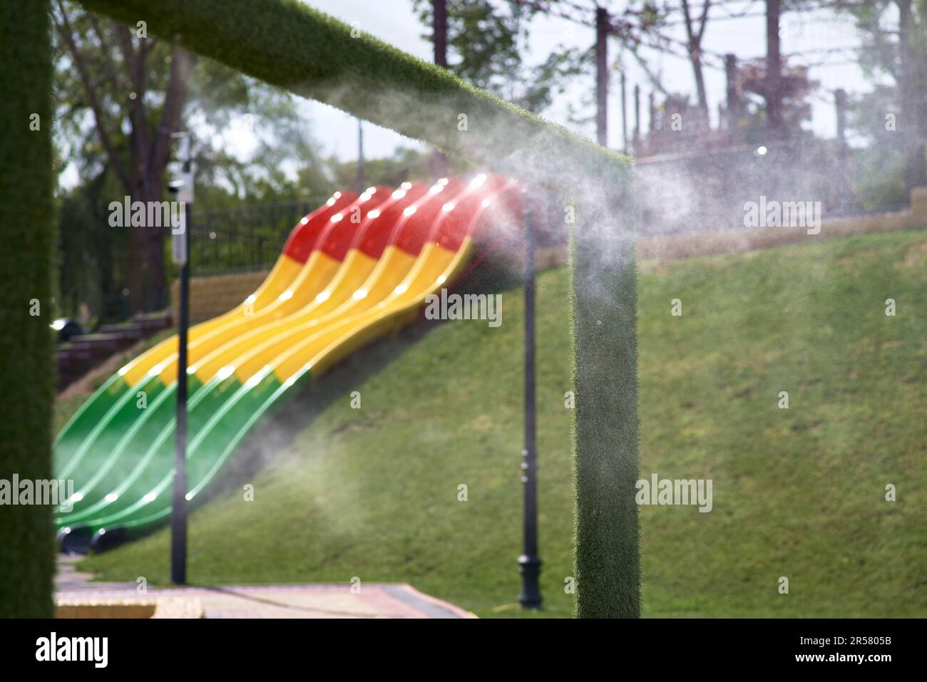 Outdoor air conditioning climate in hot weather. Street gate climate ...