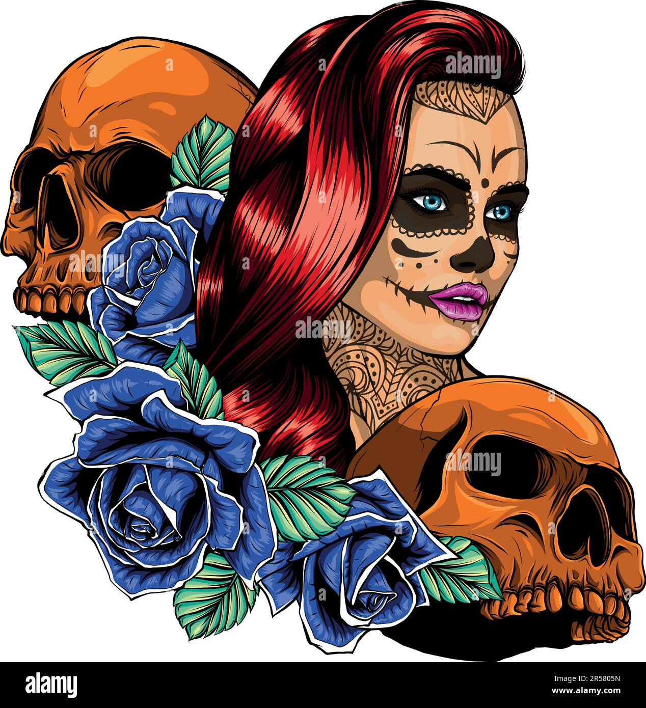 vector illustration of Dead girl with two skulls Stock Vector Image ...