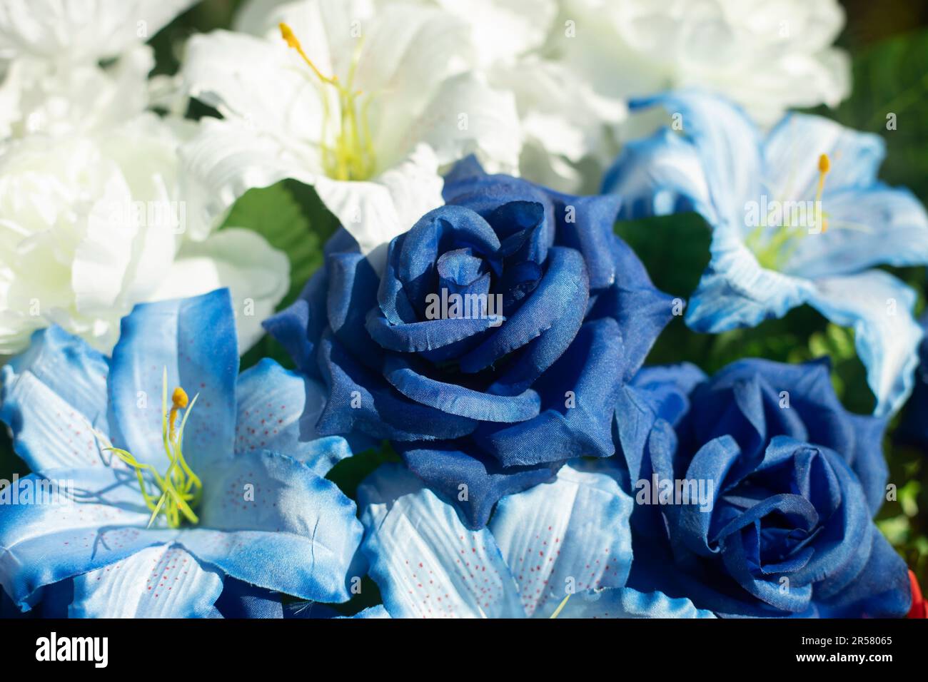 Blue flowers. Artificial flowers. Bouquet of petals. Summer plant Stock ...