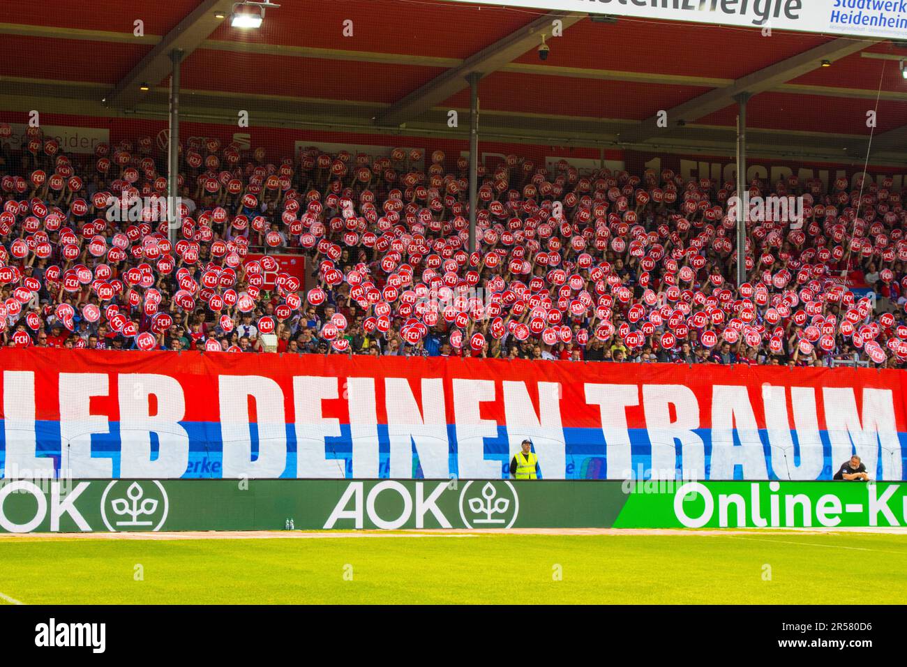 Choreography of the Heidenheim fans, football match, stadium, players ...
