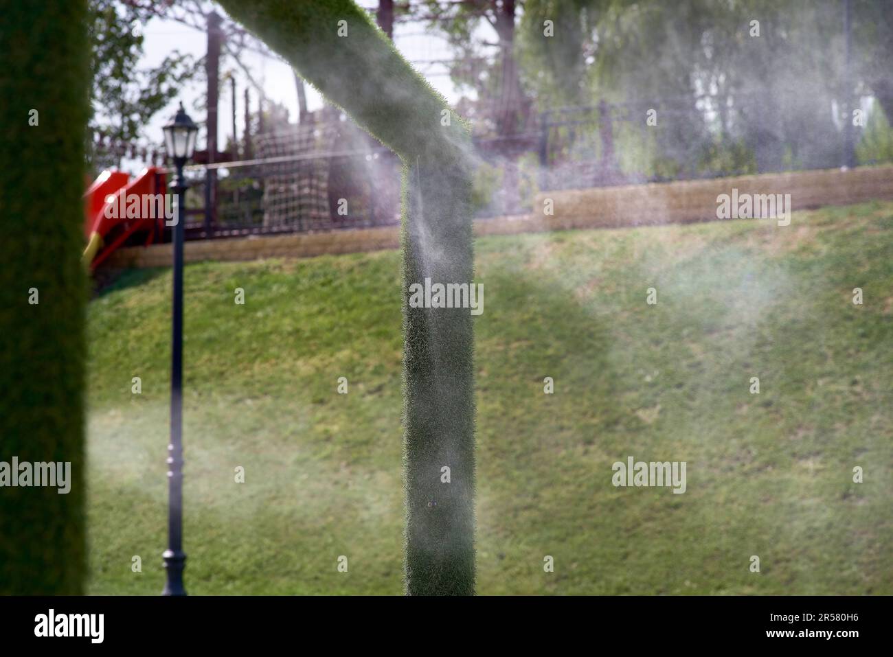 Outdoor air conditioning climate in hot weather. Street gate climate ...
