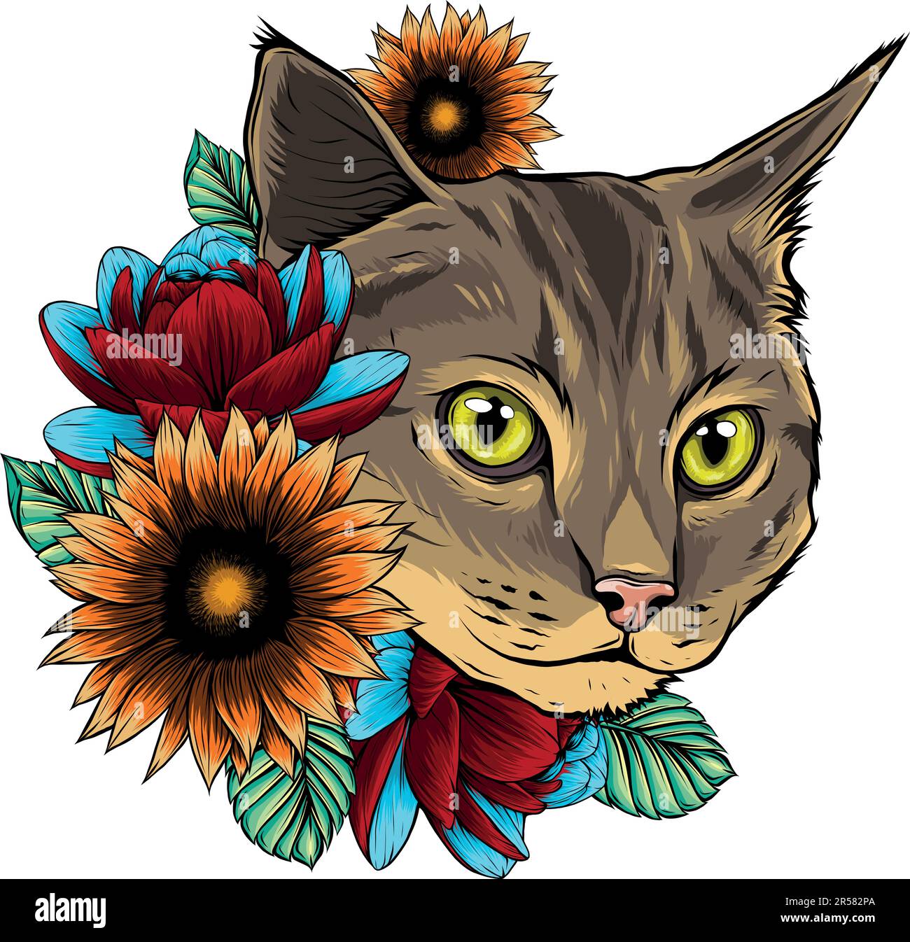 vector illustration of cat kitten head with flower Stock Vector Image ...