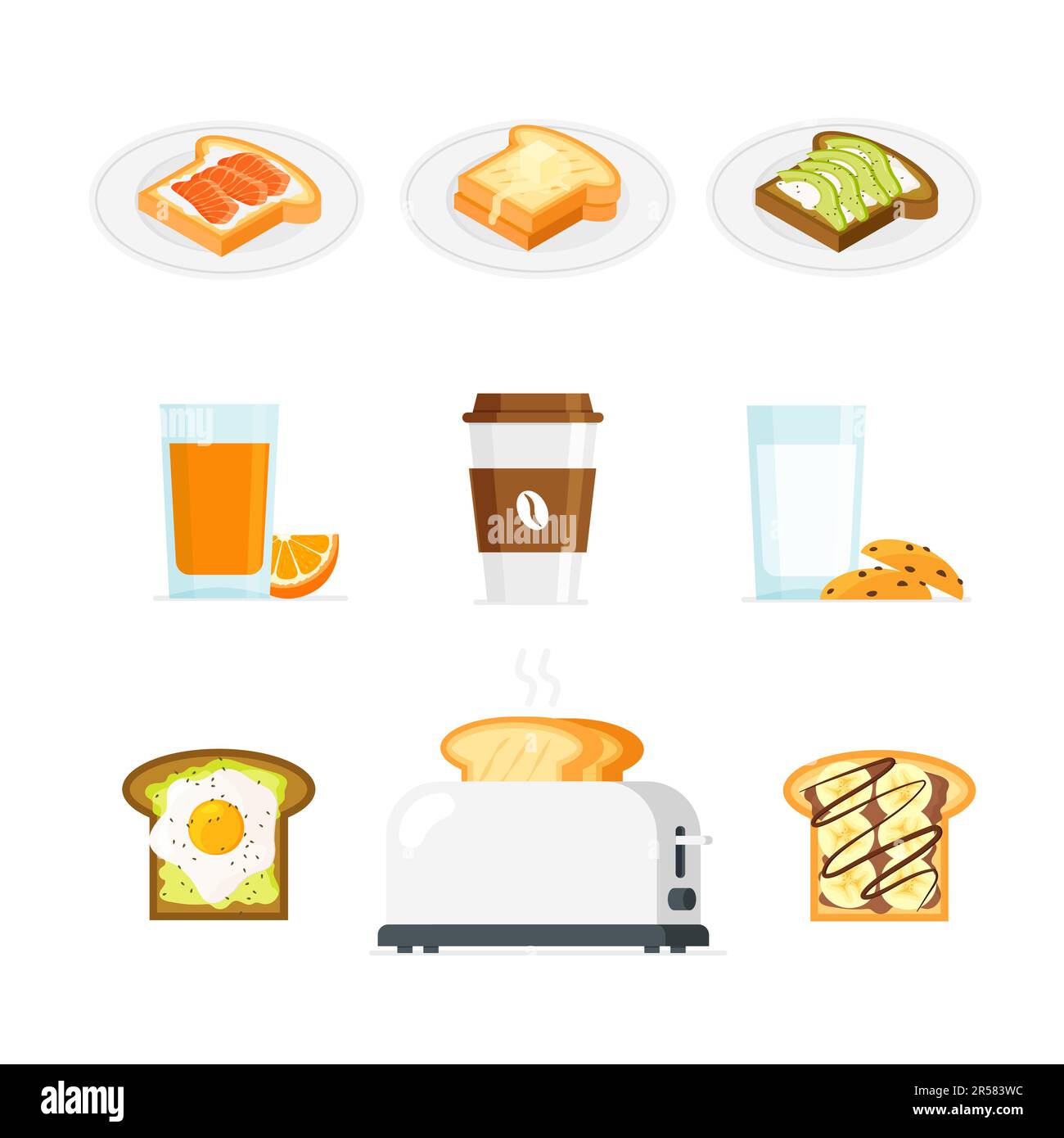 Healthy breakfast icon set. Collection food and drinks. Toasts, coffee ...