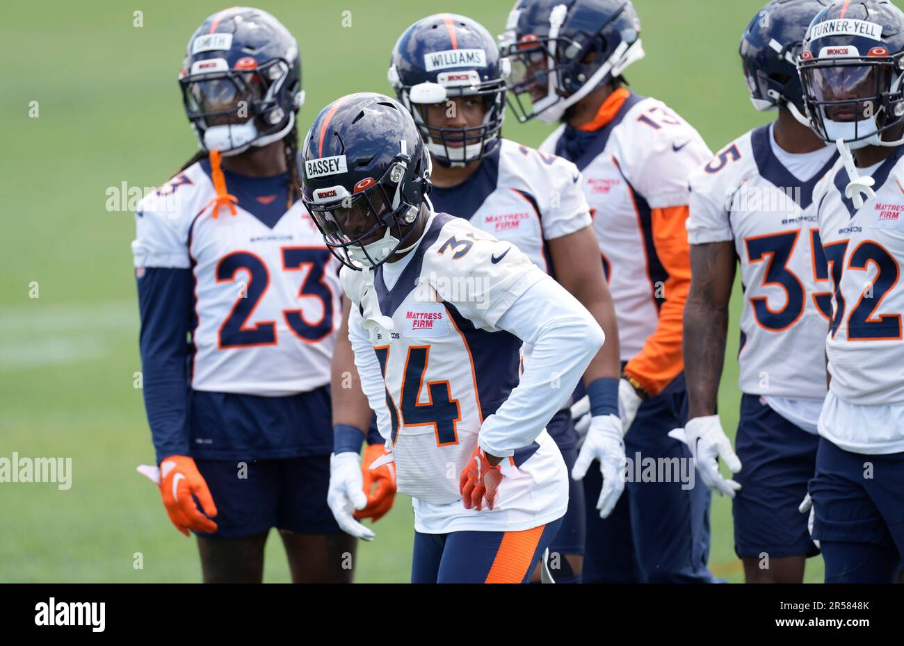 Denver Broncos cornerback Essang Bassey warms up during an NFL practice ...