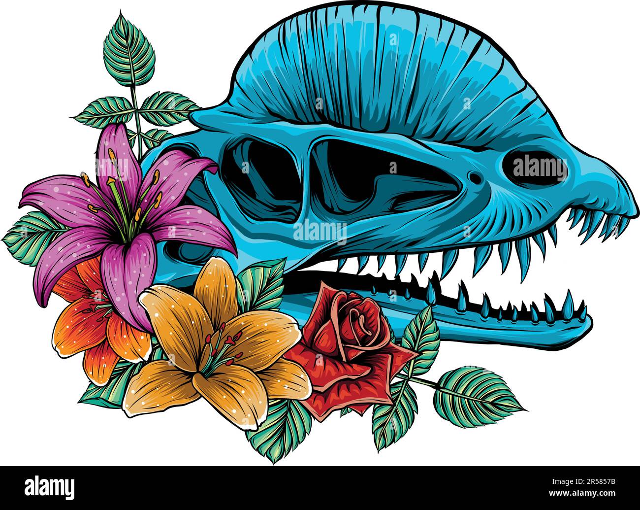 Vector illustration of dinosaur dilophosaurus skull with tropical flowers Stock Vector Image ...