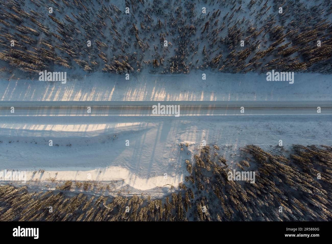 Winter time drone, aerial views along the north Klondike Highway ...