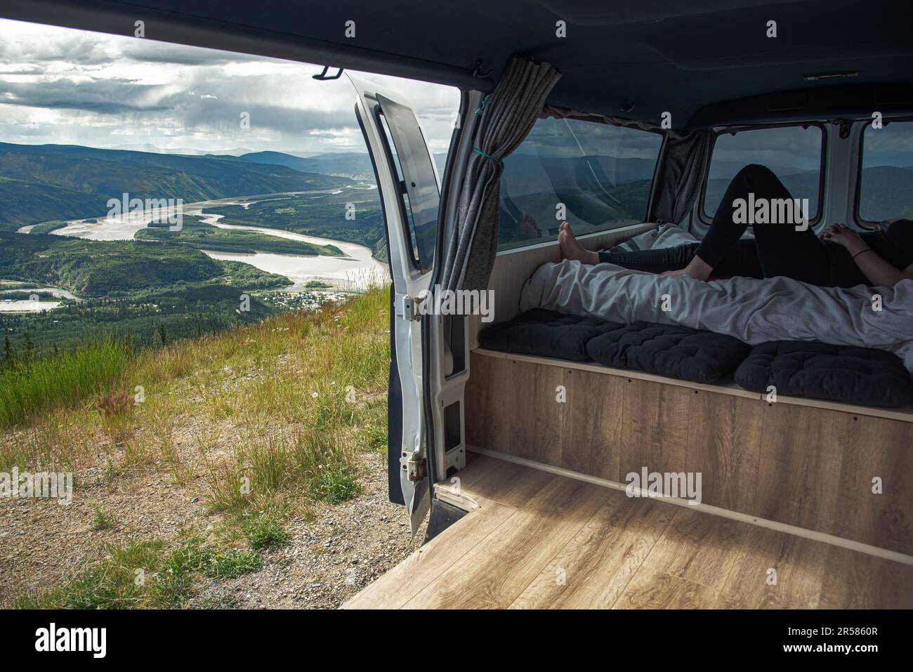 Views from the top of Dawson City during summer time from a camper van ...