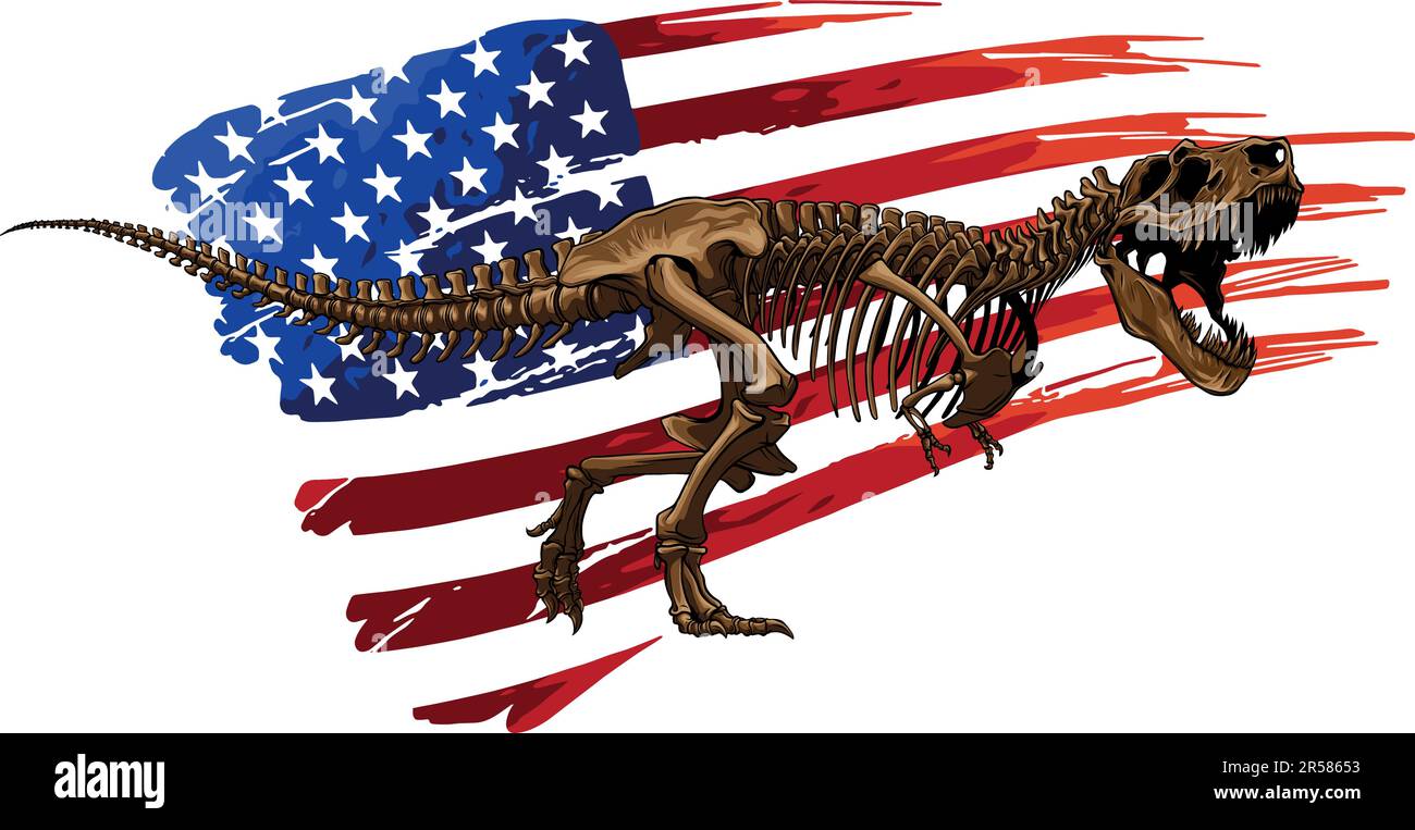 Vector illustration of tyrannosaurus T rex skeleton with american flag ...