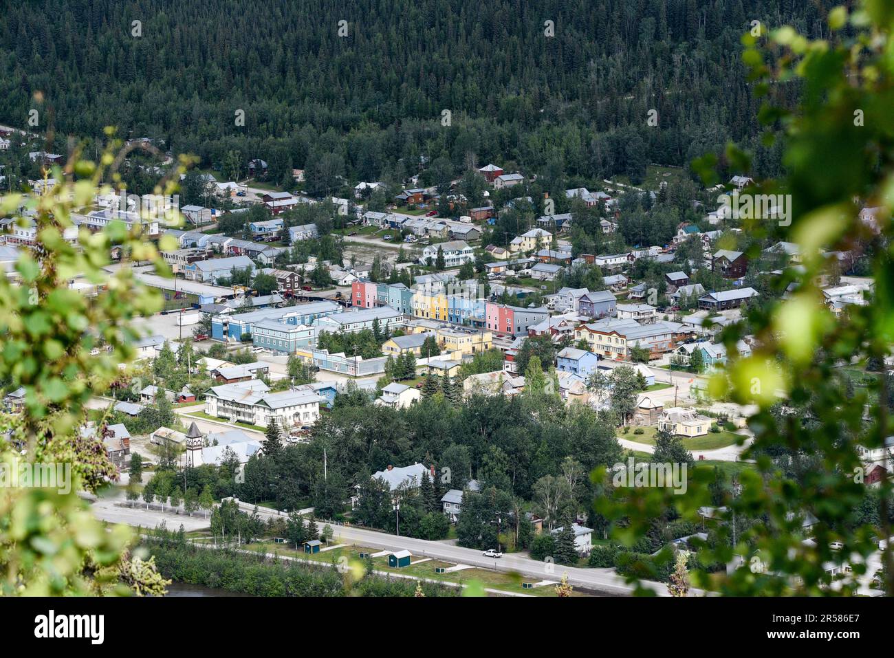Quaint gold rush town of Dawson City during summer time with colourful ...