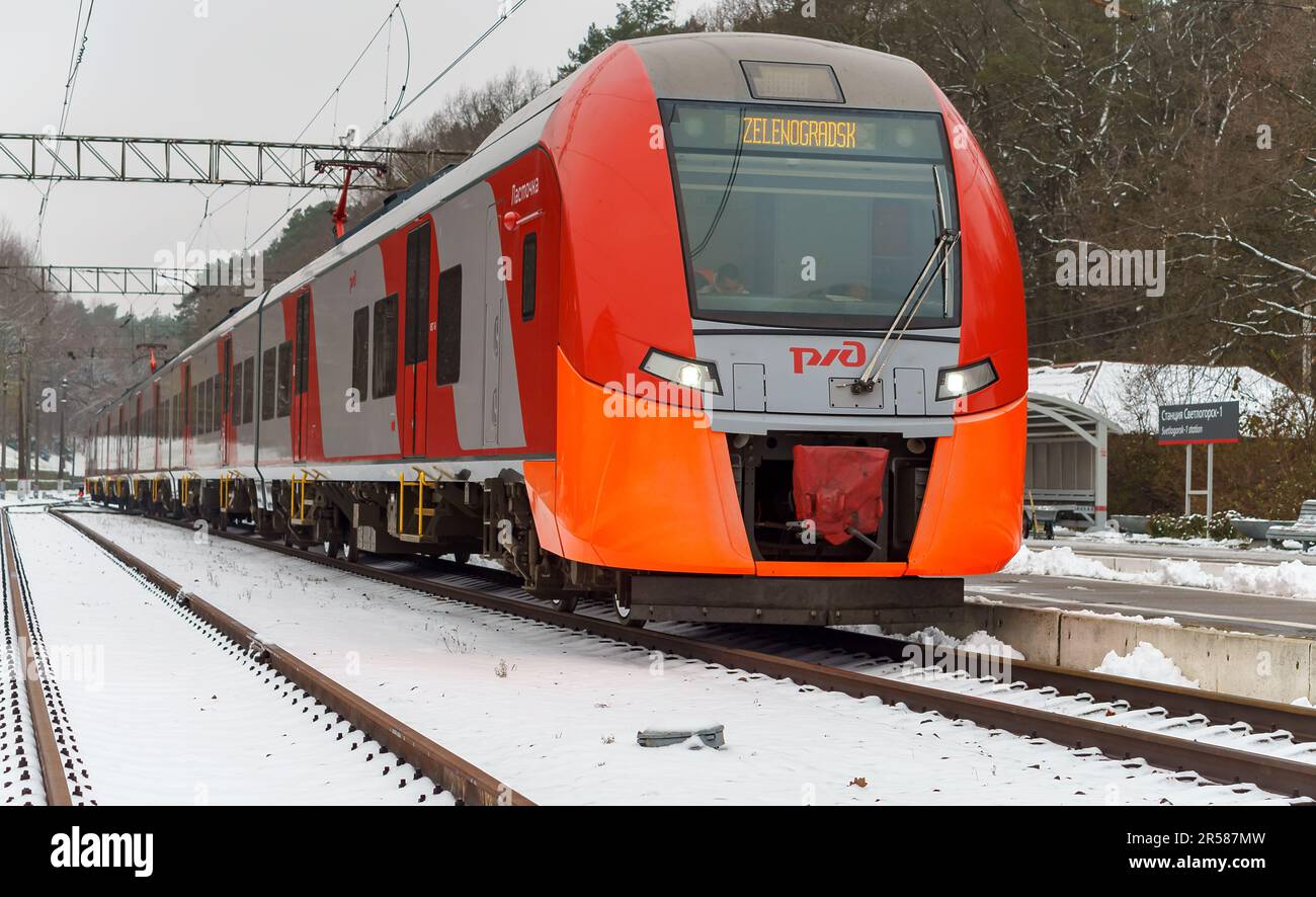 Kaliningrad region, Russia, December 04, 2022. Electric train Lastochka ...