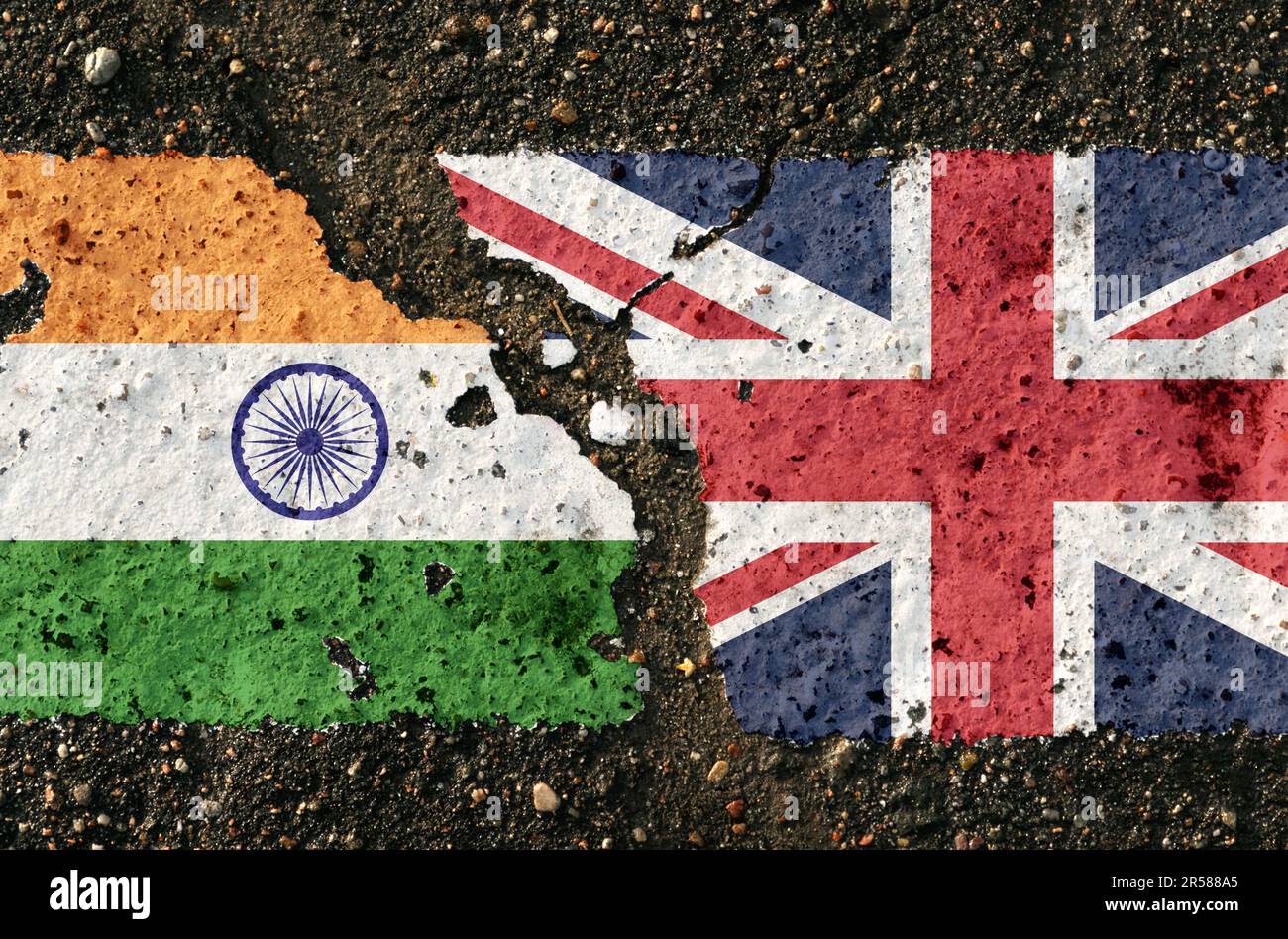 On the pavement are images of the flags of India and Great Britain, as ...