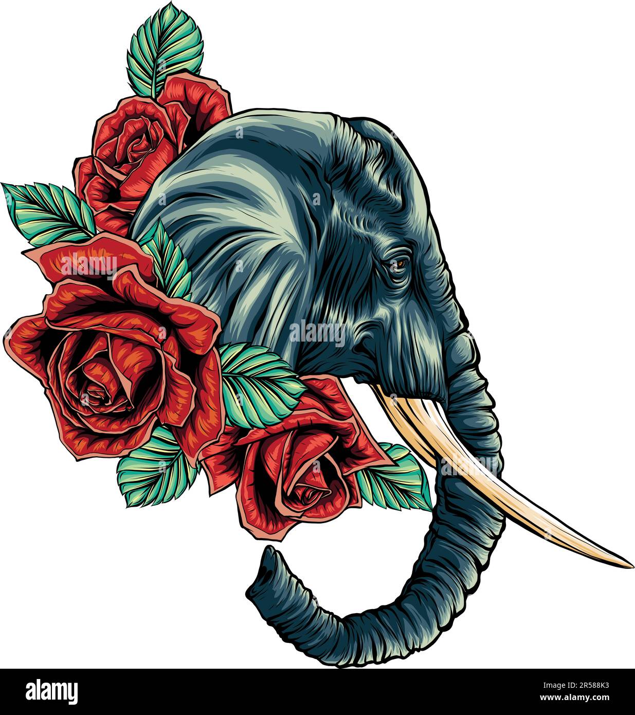 Vector illustration of elephant with rose on white background Stock ...