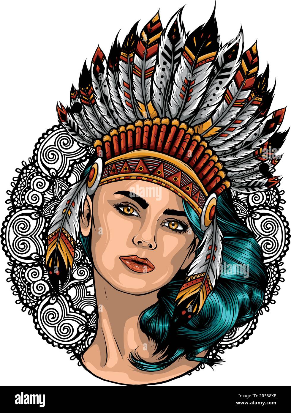 vector illustration of American indian girl in national headdress Stock ...