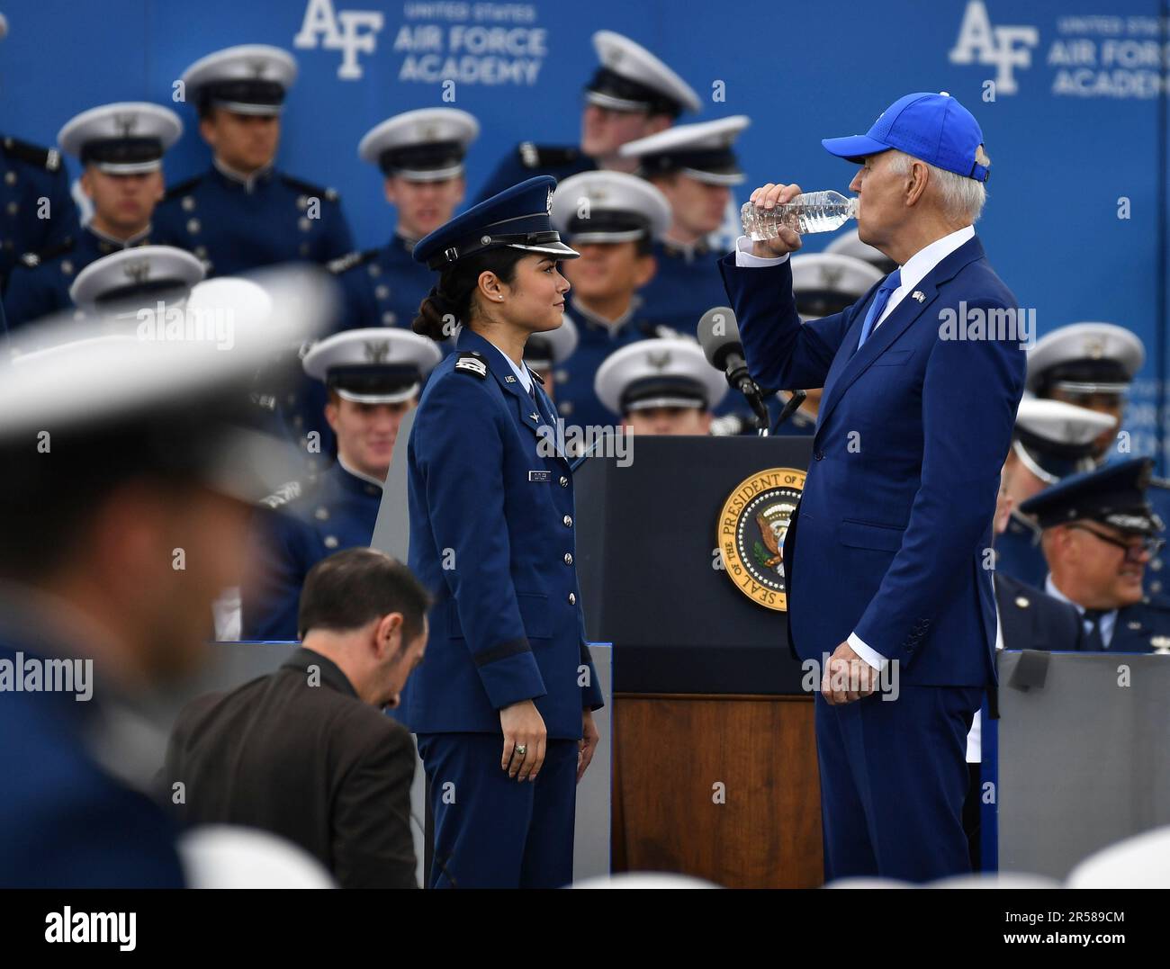 President Joe Biden takes a drink of water during the United States Air ...