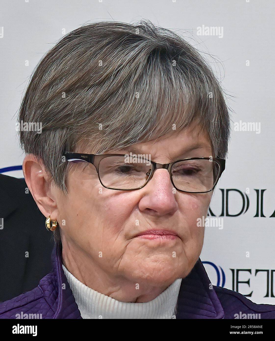 BURLINGTON, KANSAS - FEBRUARY 20, 2023 Kansas Governor Laura Kelly (D ...