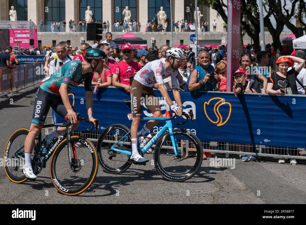 Rome, Italy. 28th May, 2023. Cyclists Nico Denz (L) of Germany, team ...