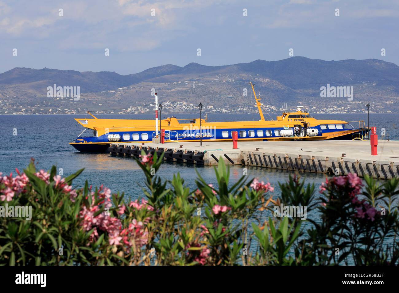 Aegean Flying Dolphin ferry transport boat, Skala harbour, Agistri ...