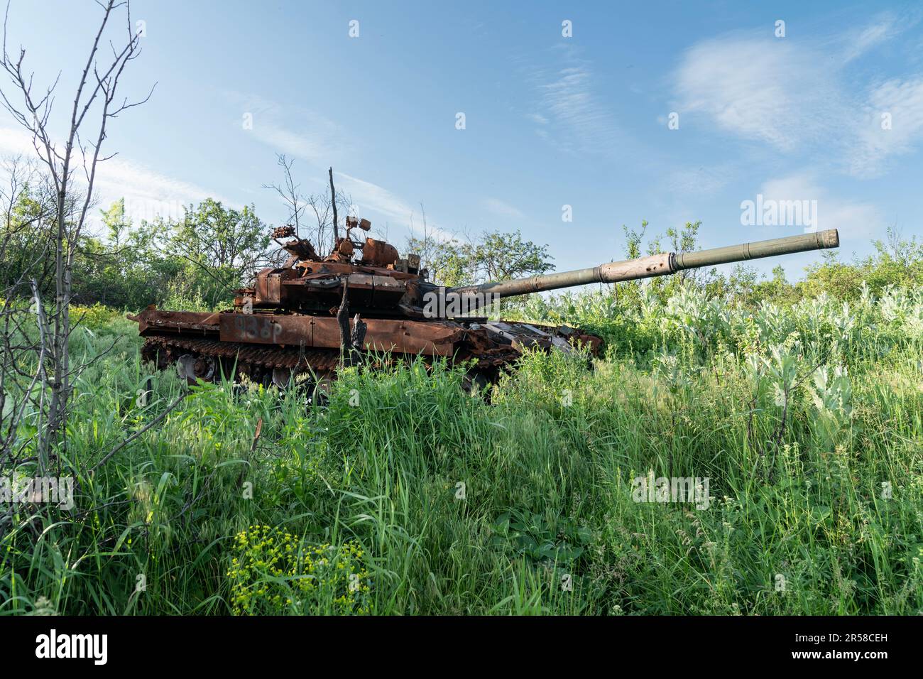 View of destroyed Russian tank used to shell village of Bohorodychne in ...