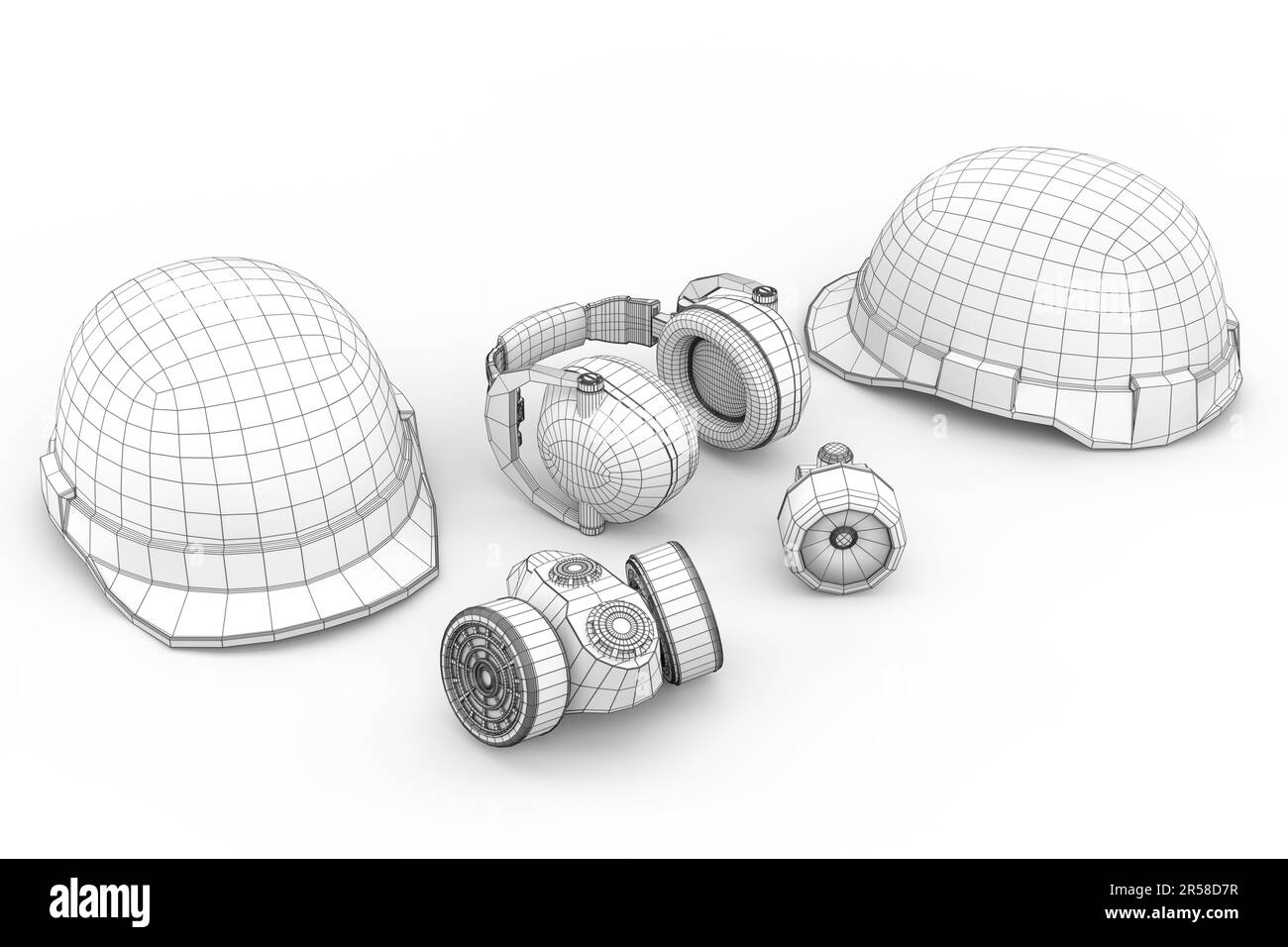 Safety helmet or hard cap, respirator and earphones muffs isolated on ...