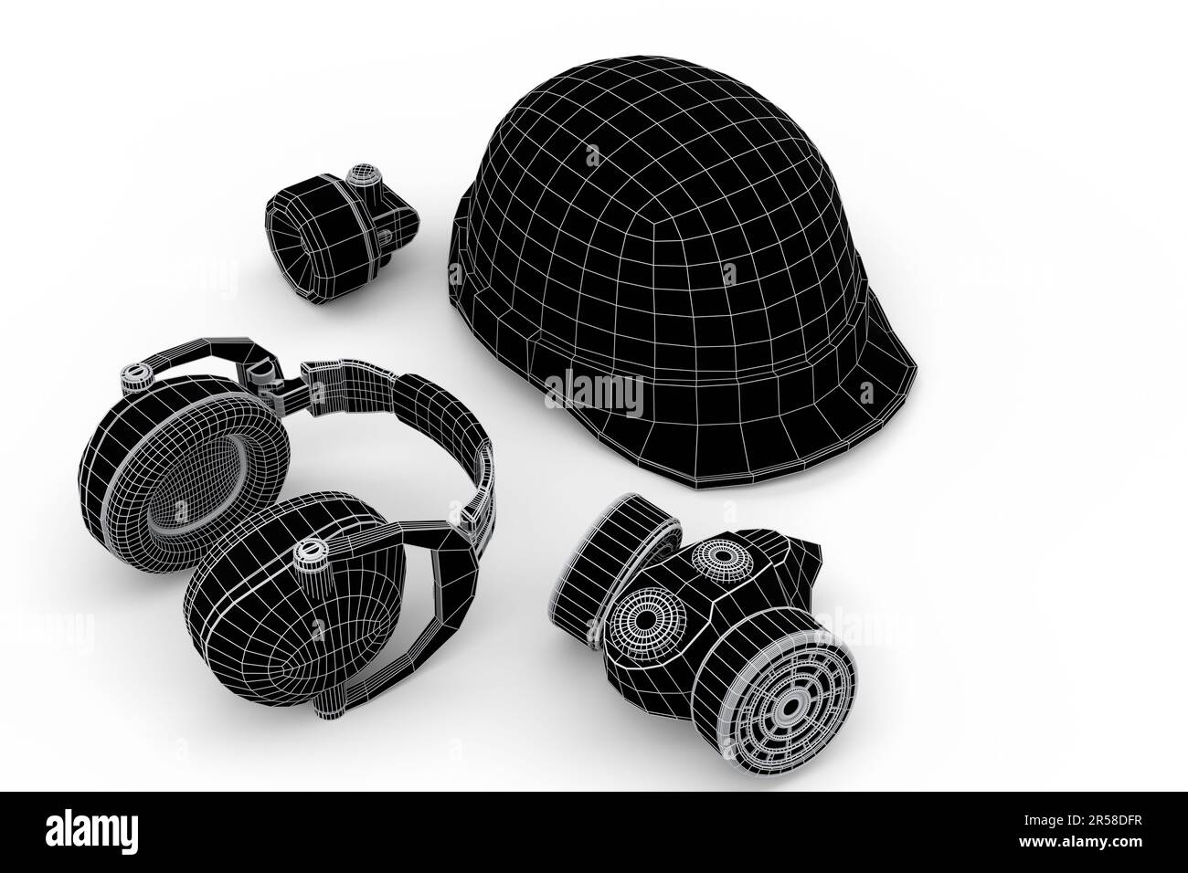 Safety helmet or hard cap, respirator and earphones muffs isolated on ...