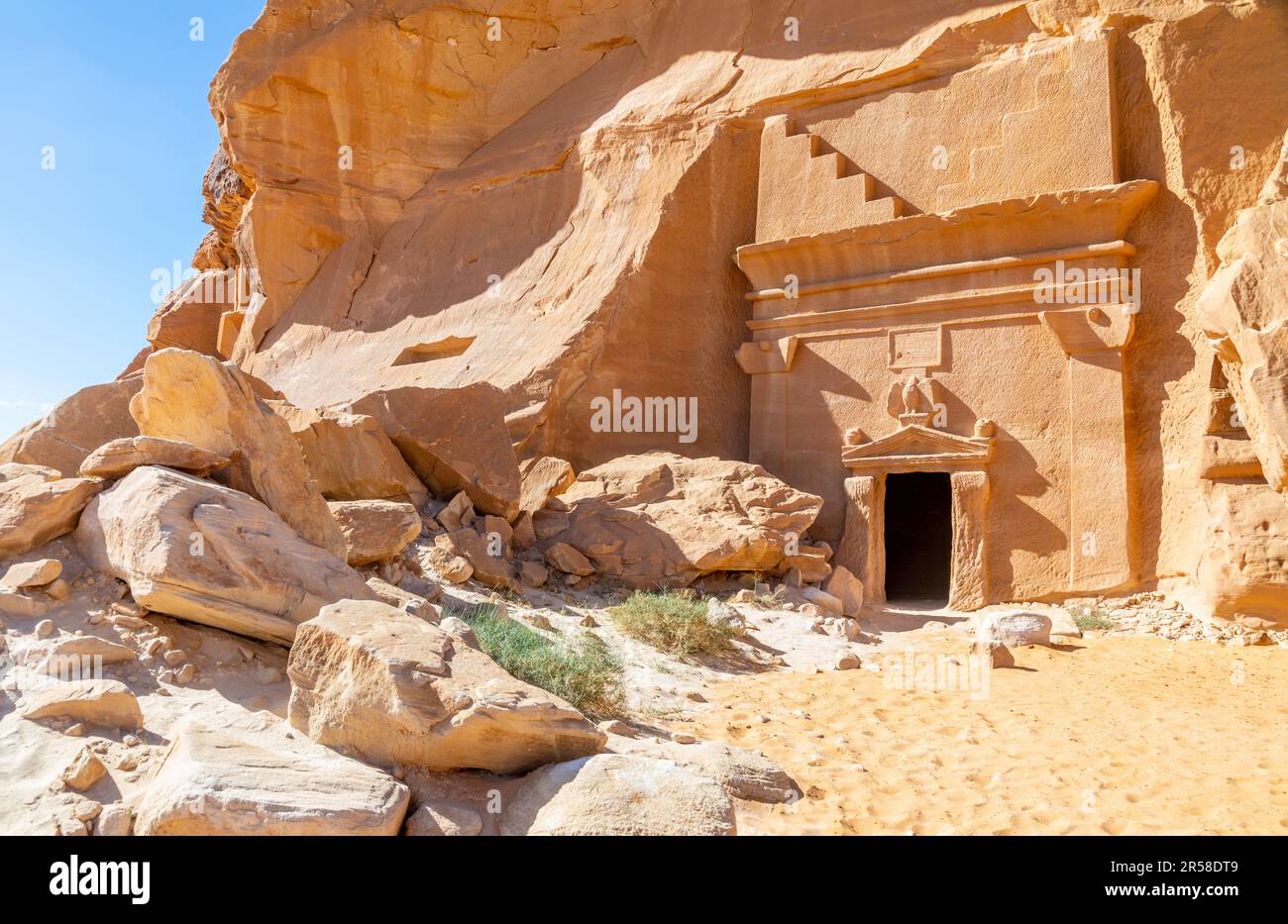 Carved in stone nabataean tomb in Jabal al Banat complex, Hegra, Al Ula ...
