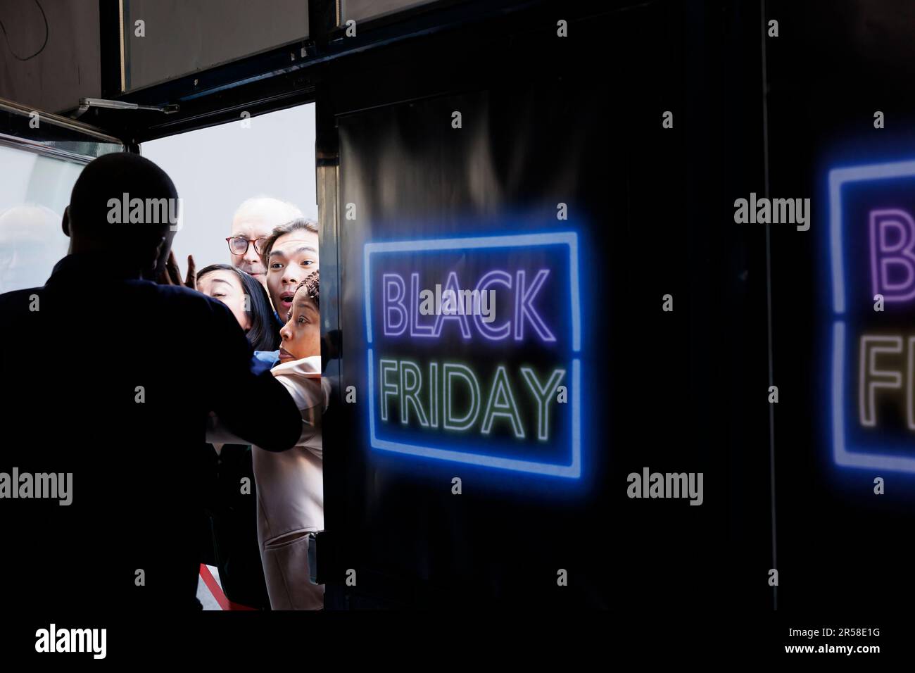 Mad obsessed crowd of people shoppers trying to open shopping mall ...