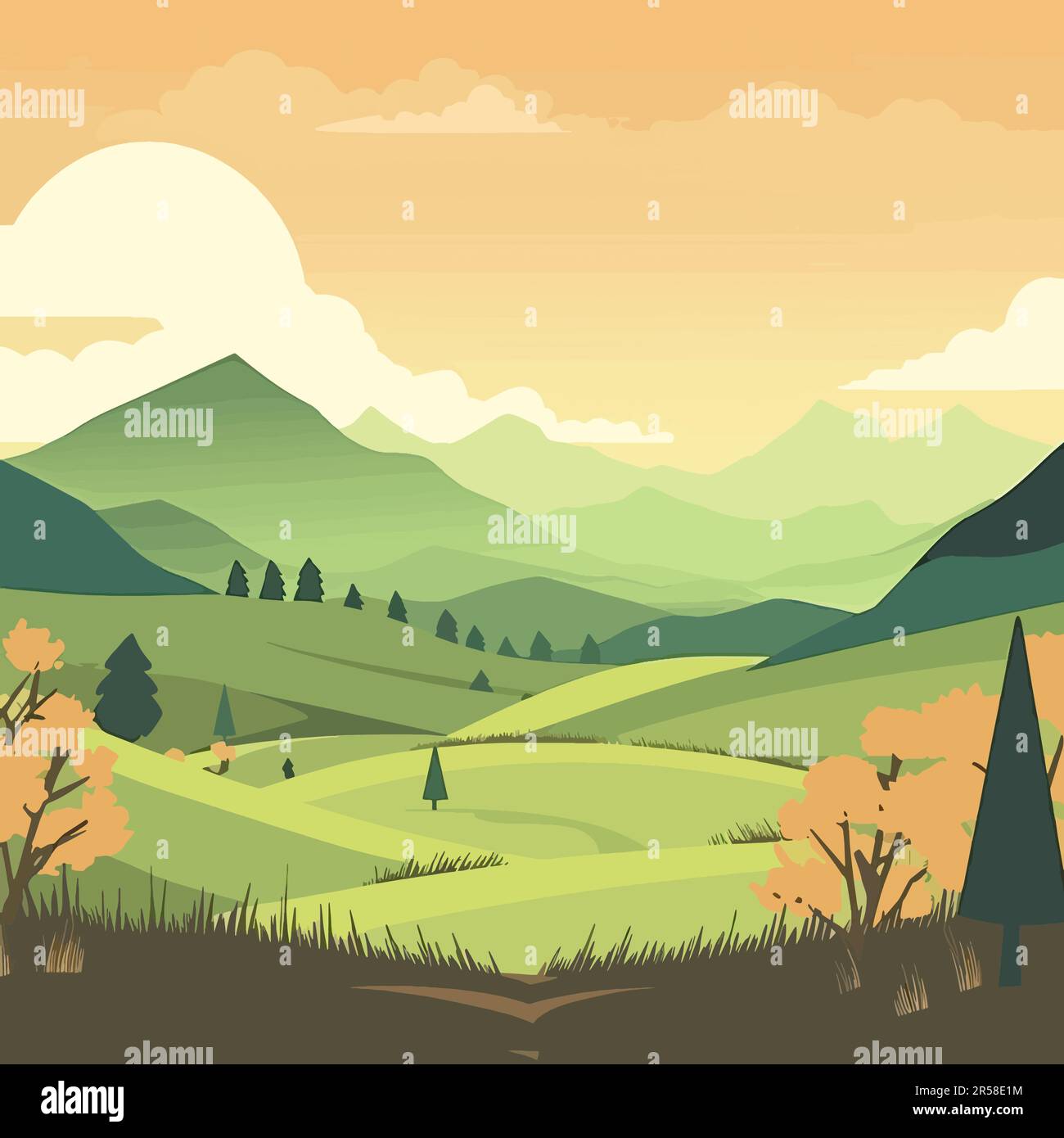 Vector illustration with a simple bright landscape with beautiful lake ...