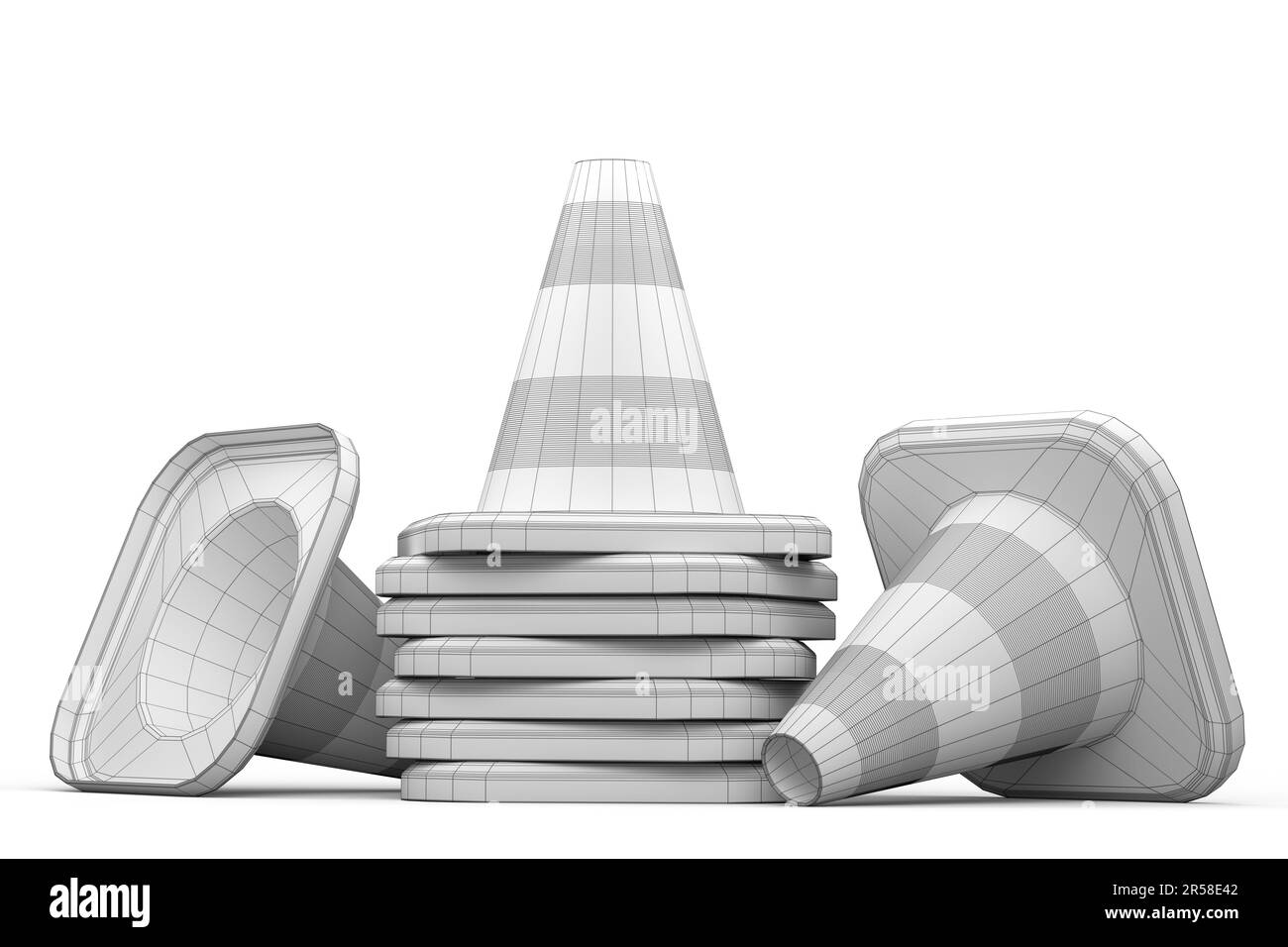 Set of traffic cones for under construction road work isolated on white background. 3d render ...