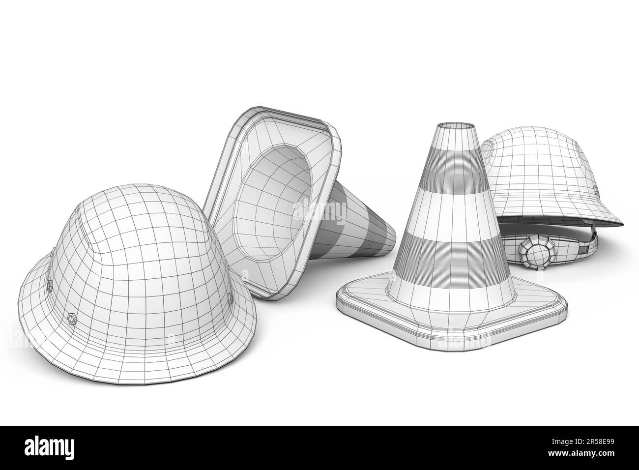 Set of traffic cones for under construction road work and safety helmet ...