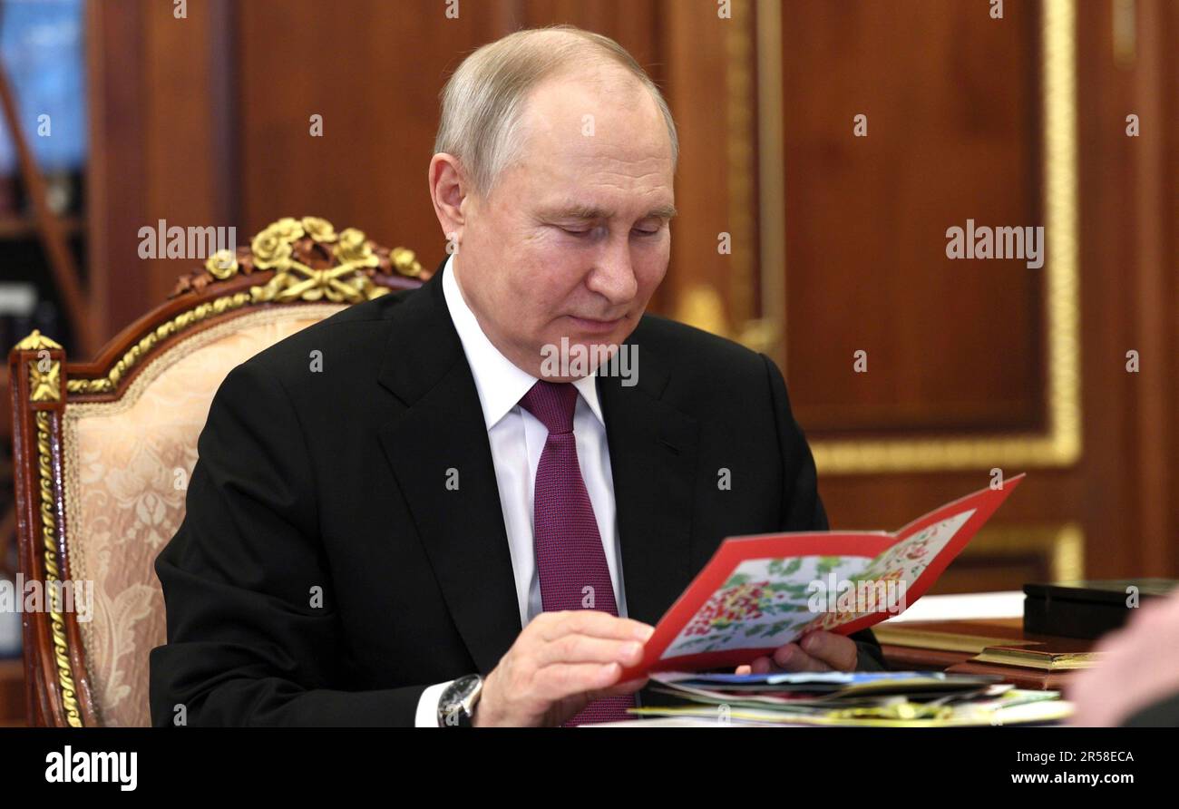 Moscow, Russia. 01st June, 2023. Russian President Vladimir Putin reads ...
