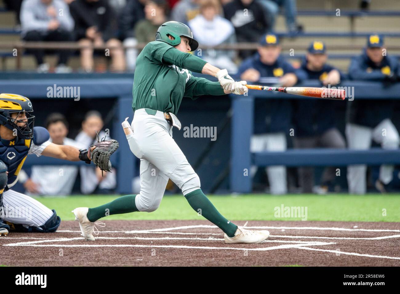 Michigan State Spartans shortstop Mitch Jebb (14) swings the bat during ...