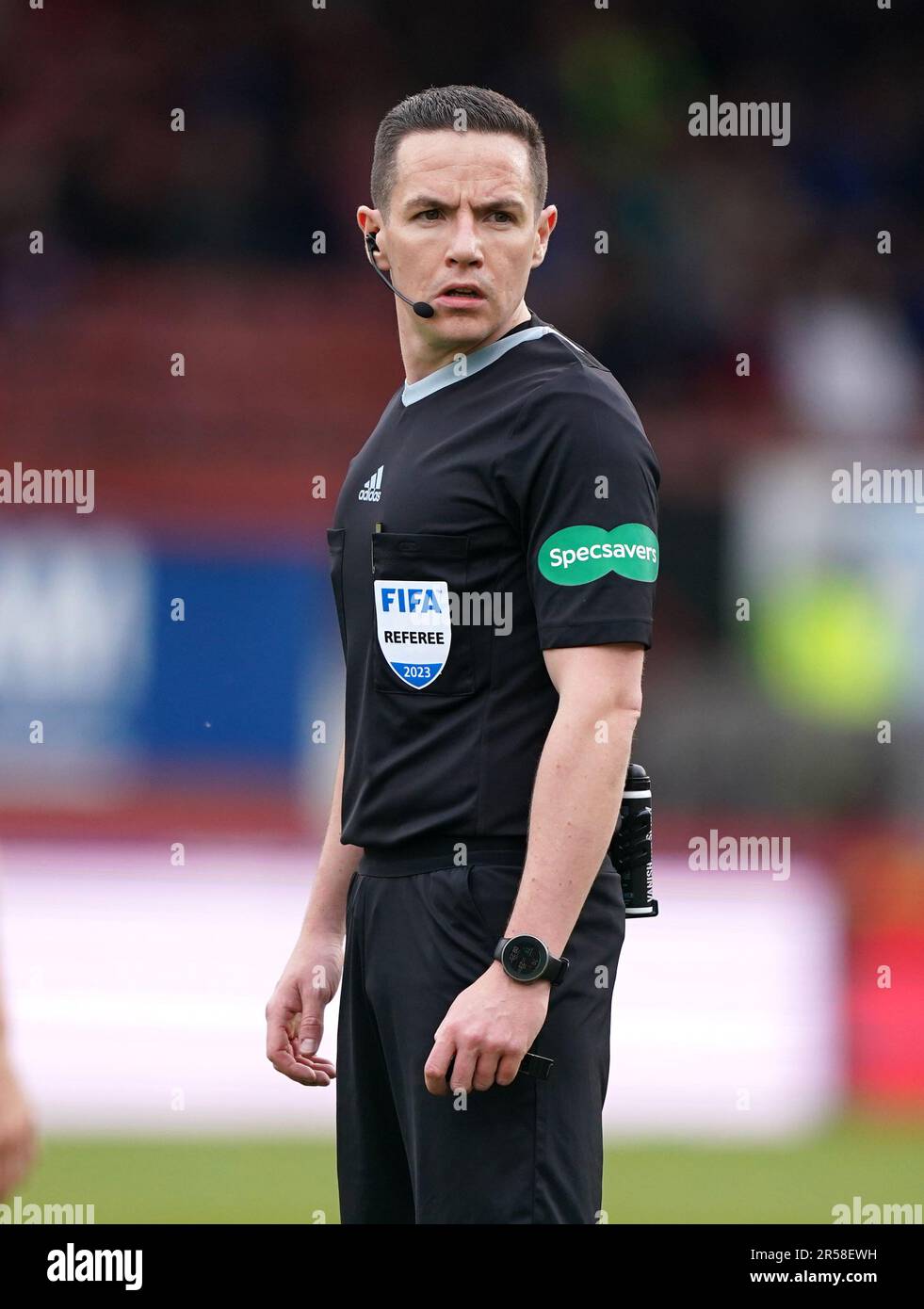 Referee David Munro during the cinch Premiership first leg play-off final match at Firhill ...