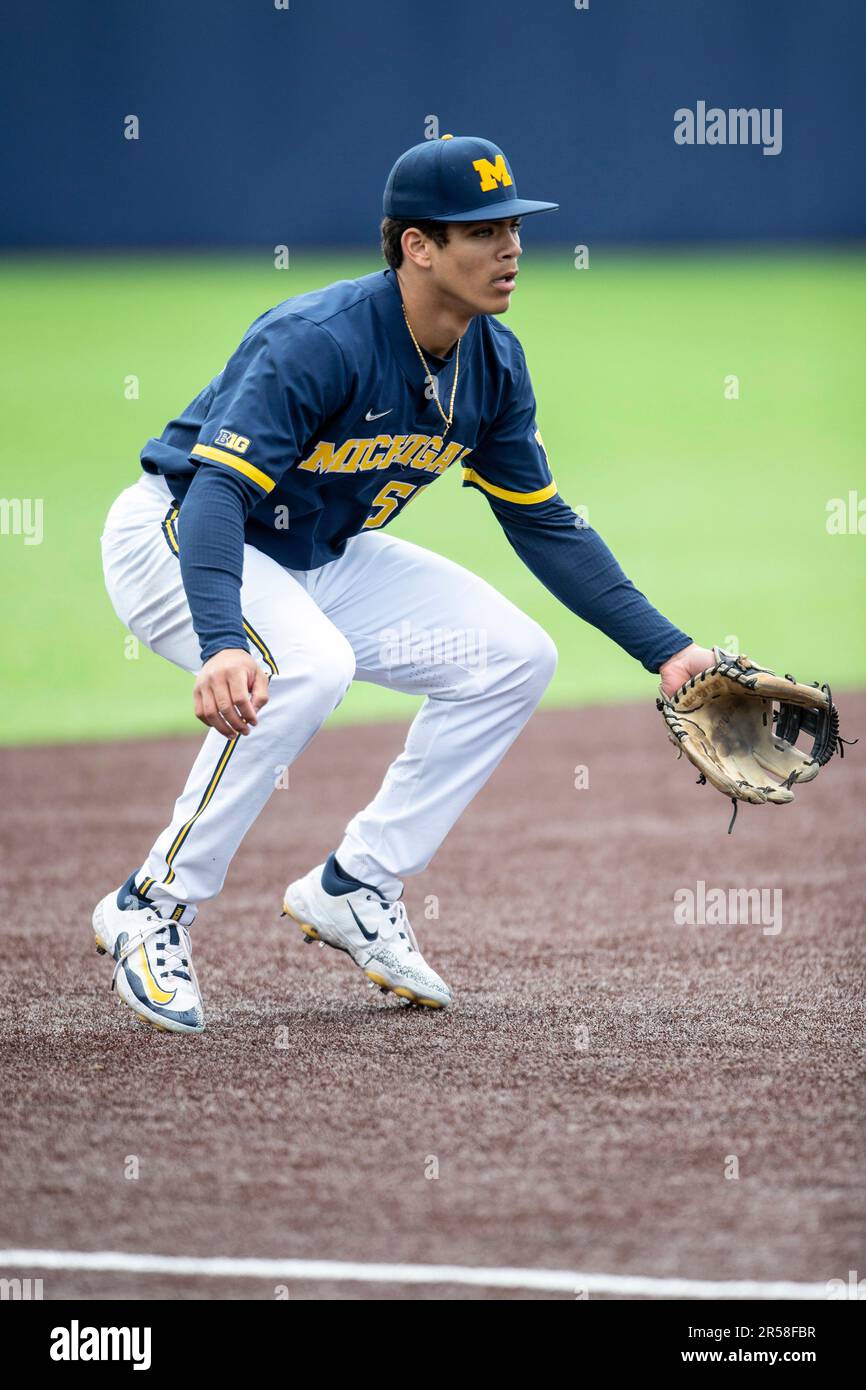 Michigan Wolverines third baseman Mitch Voit (55) on defense during the ...