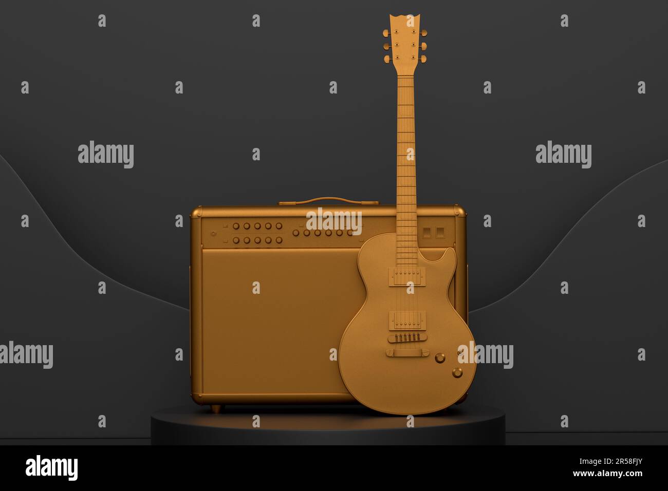 Amplifier with acoustic guitar on cylinder podium with steps on ...