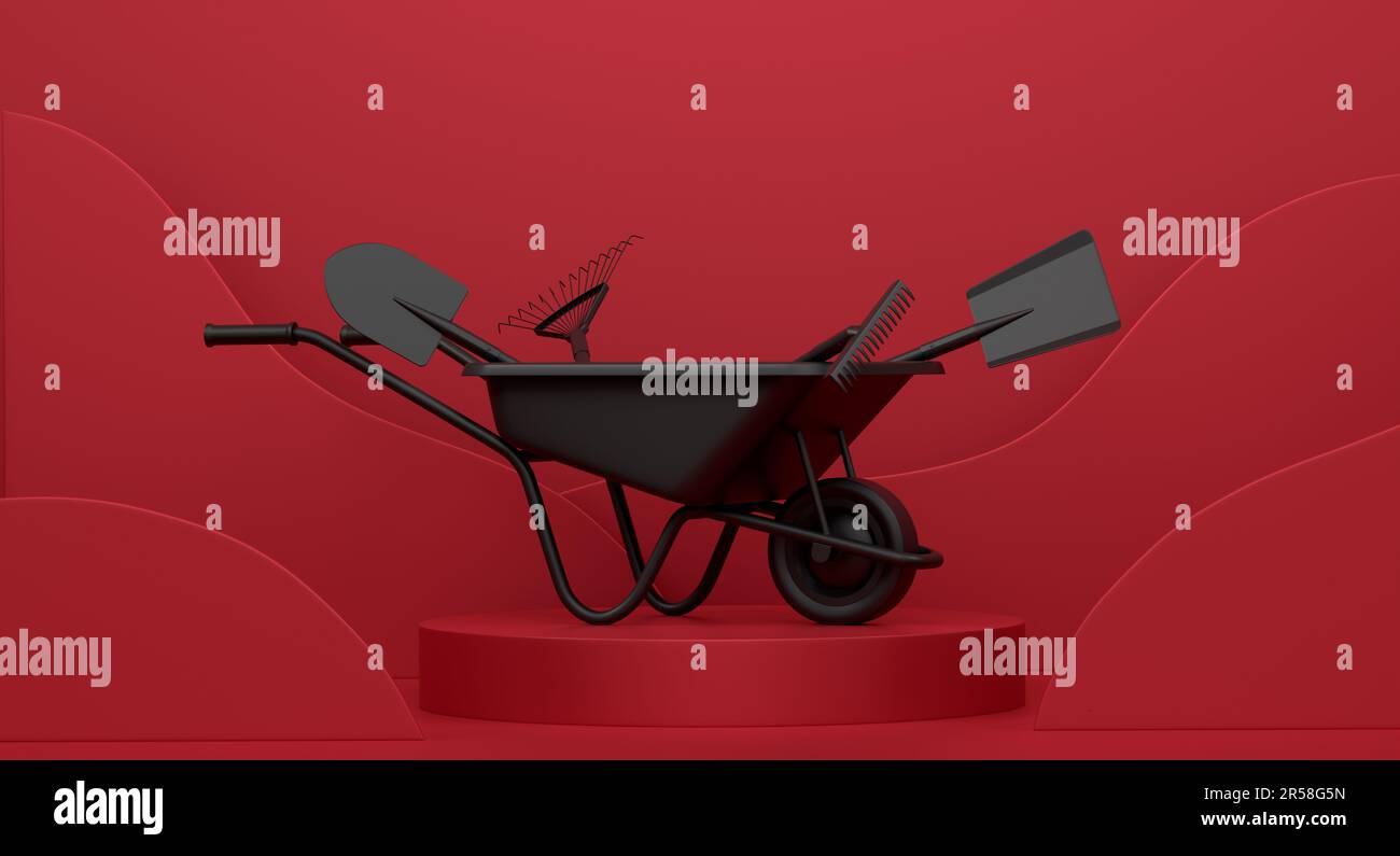 Garden wheelbarrow with garden tools on cylinder podium with steps on ...