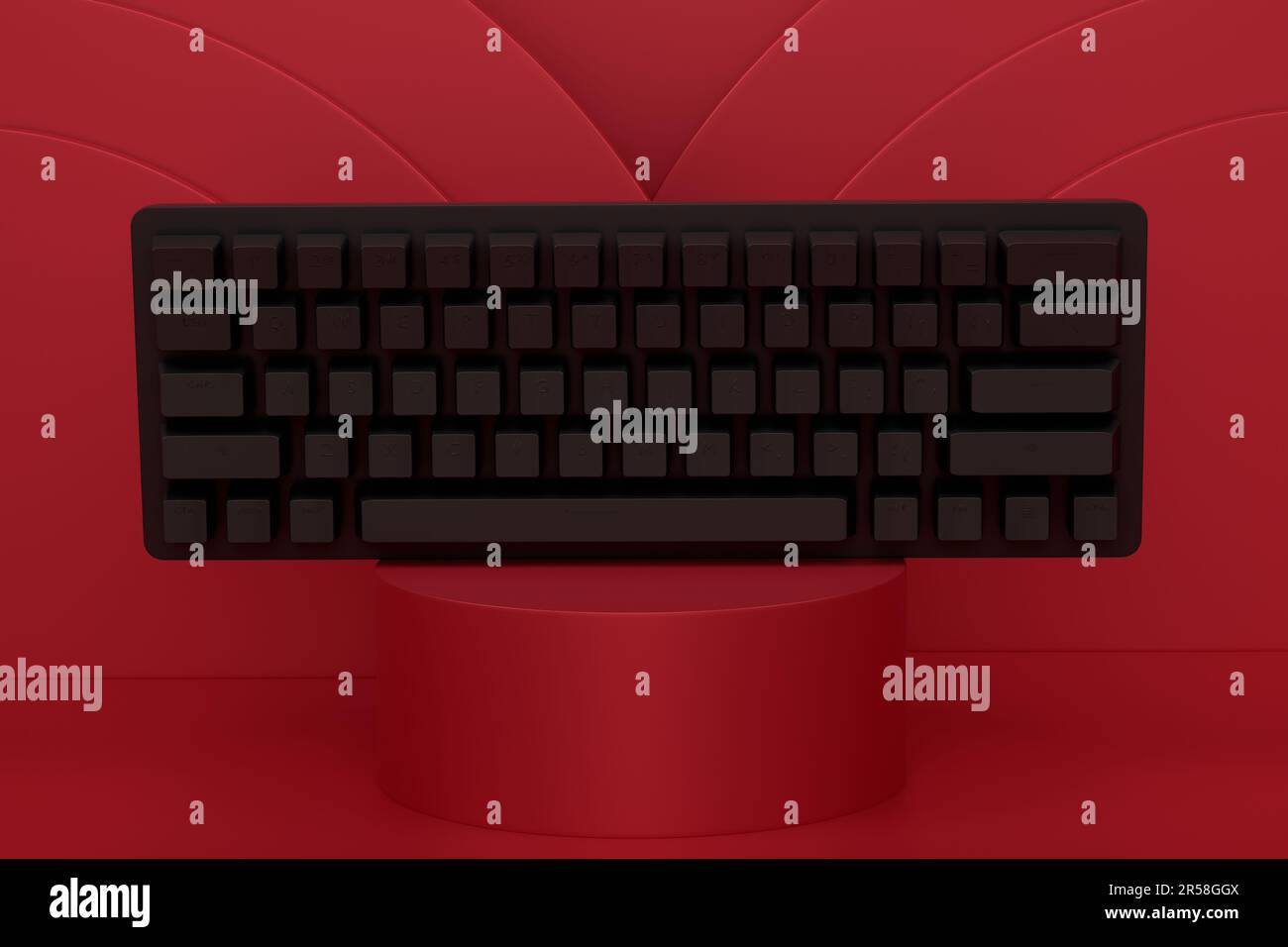 Realistic computer keyboard on cylinder podium with steps on monochrome ...