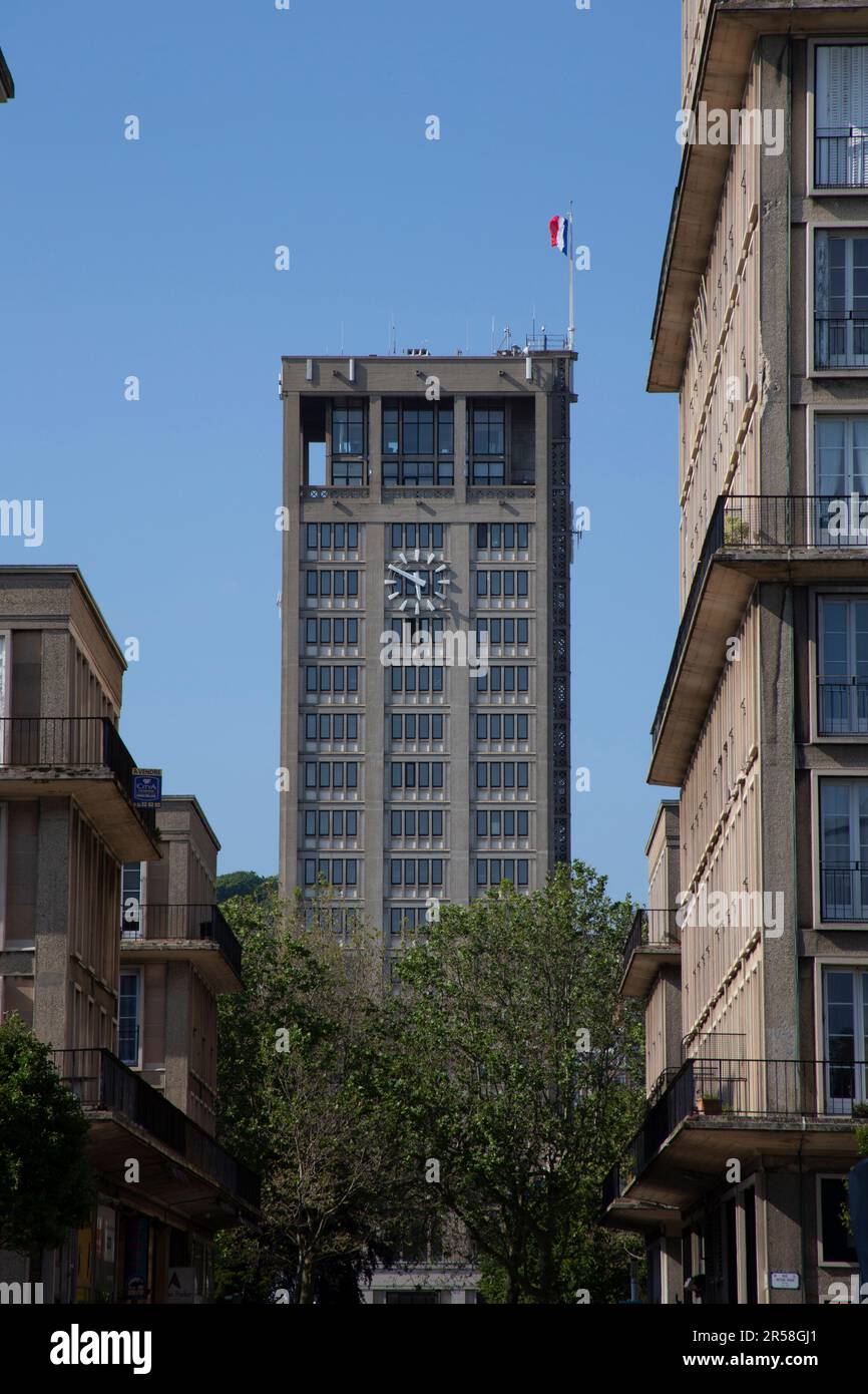 Town Hall, Clock Tower, Brutalist architecture by Auguste Perret Le Havre, Normandy, France ...